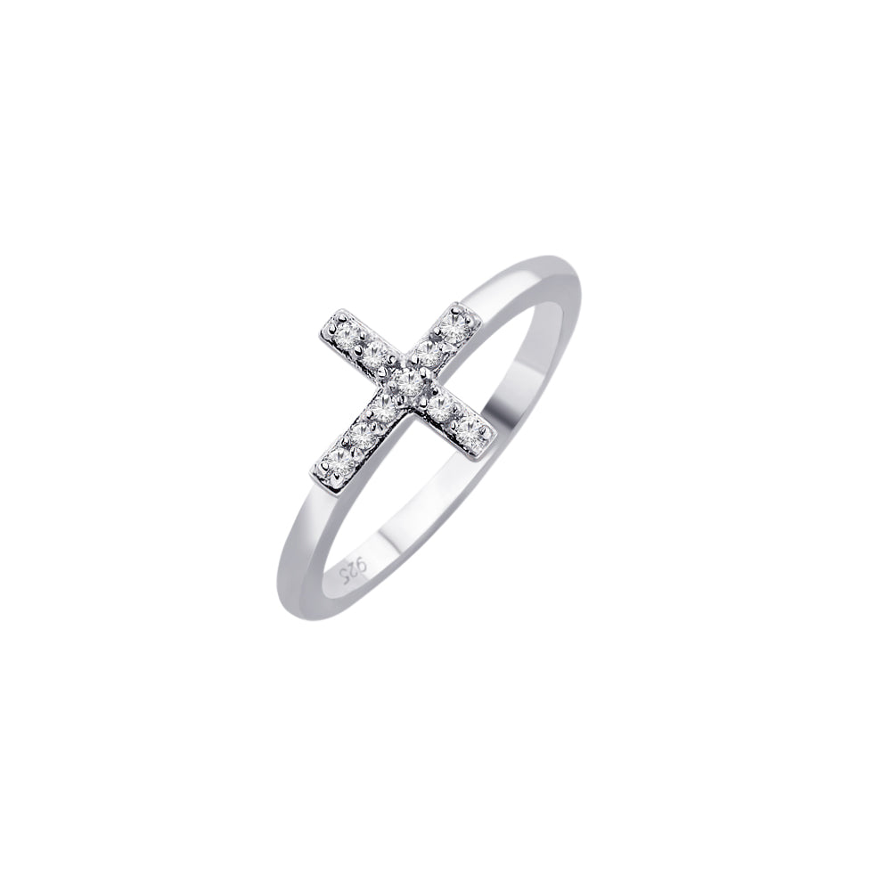 Silver 925 Rhodium Plated Clear CZ Mini Cross Ring - BGR00614 | Silver Palace Inc.
