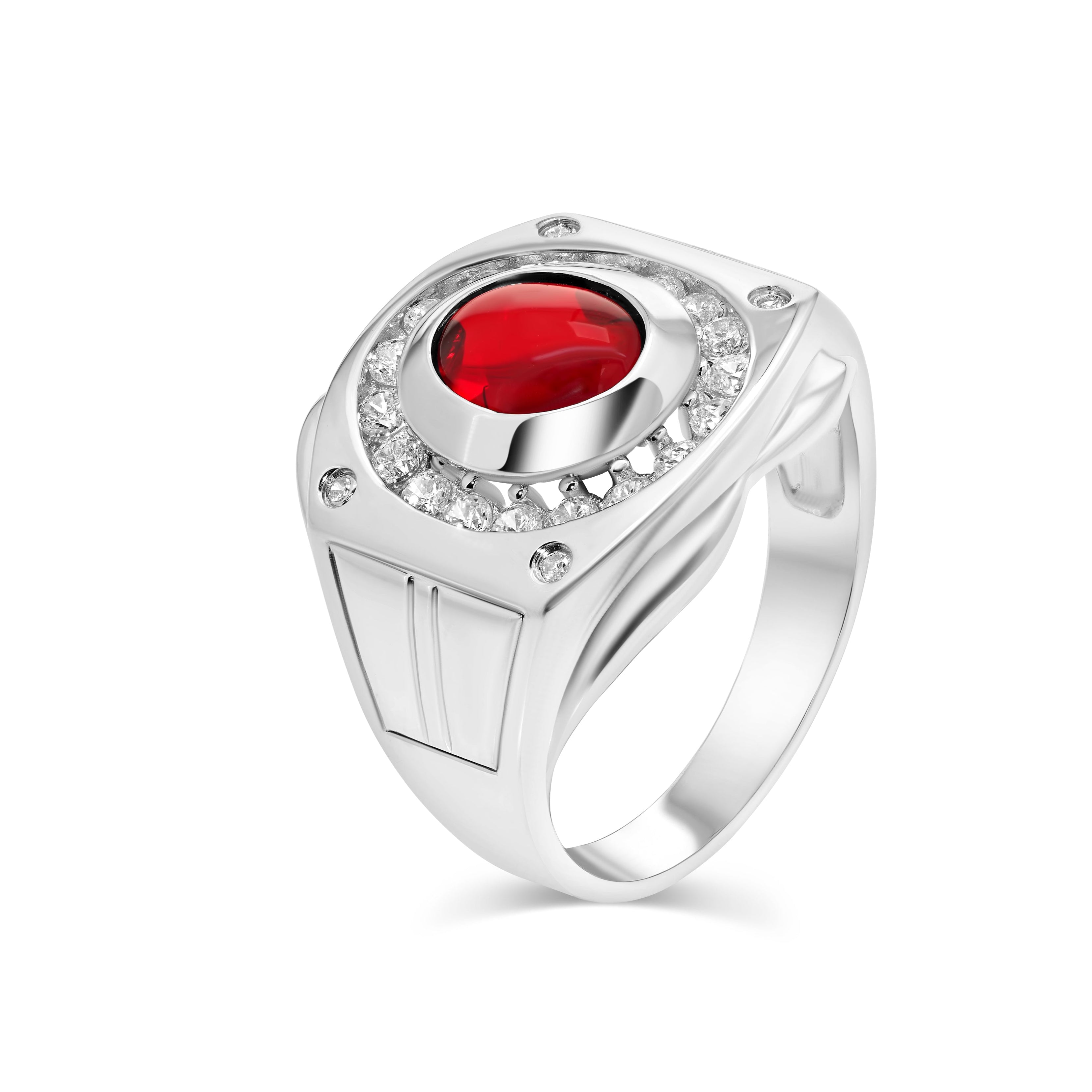 Rhodium Plated 925 Sterling Silver Men's Round Top Ruby and Clear CZ 16.6mm x 16.6mm Ring ...