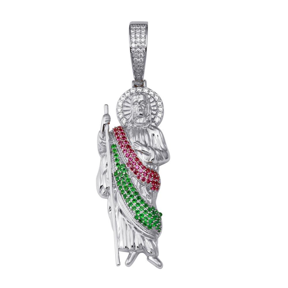 Rhodium Plated 925 Sterling Silver Multi Color CZ St Jude Hip Hop Pendant SLP00342RH