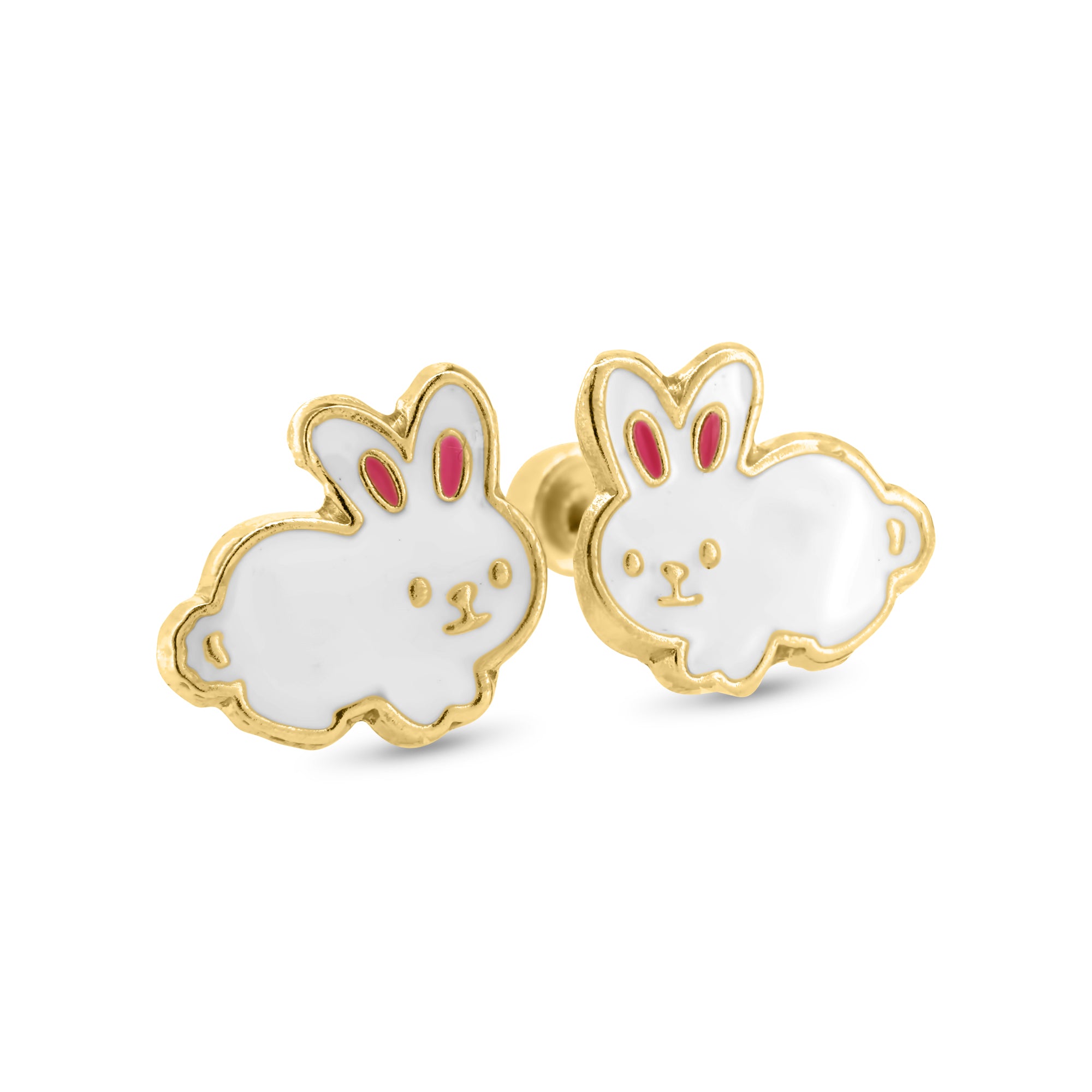 14E00391. - 14 Karat Yellow Gold White Rabbit Screw Back Earrings ...