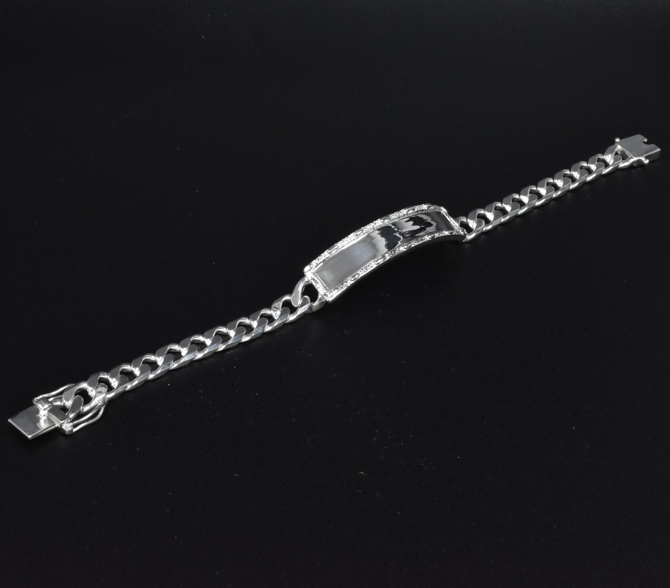 925 Sterling Silver Curb 7.8mm Textured Border ID Bracelet - CDIB00028 ...