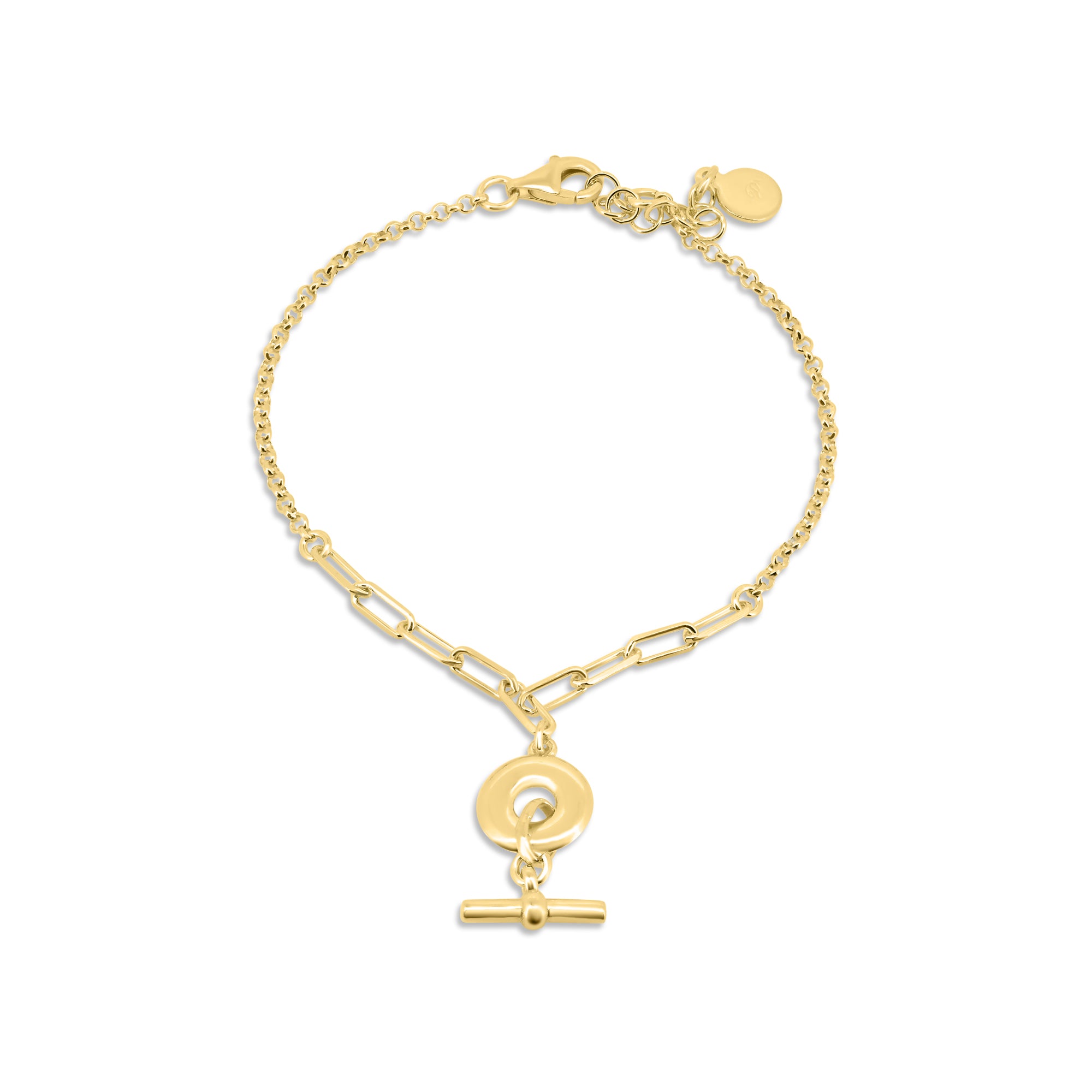 Silver 925 Gold Plated Rolo Paperclip Donut Bar Adjustable Bracelet ...