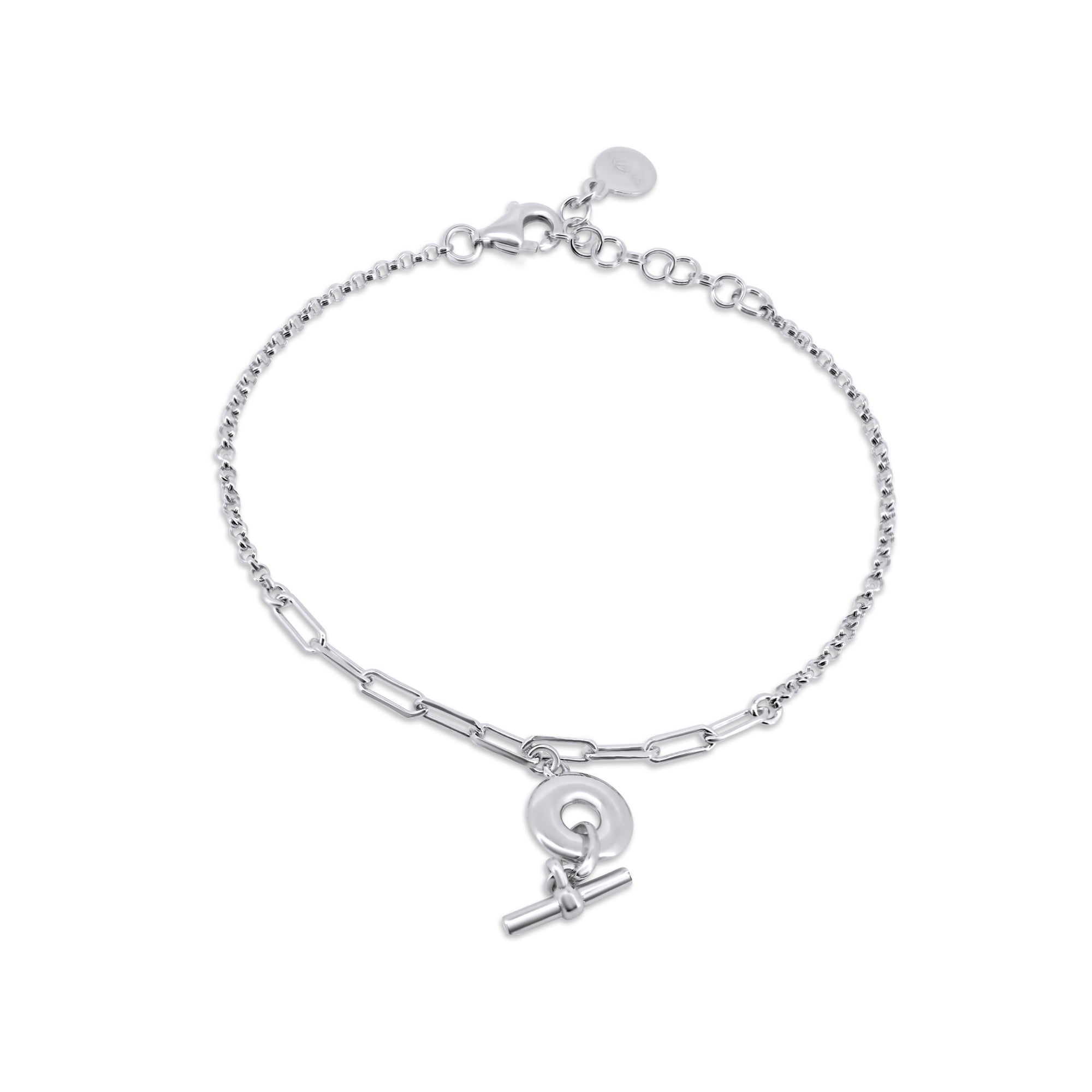 Silver 925 Rhodium Plated Rolo Paperclip Donut Bar Adjustable Bracelet ...