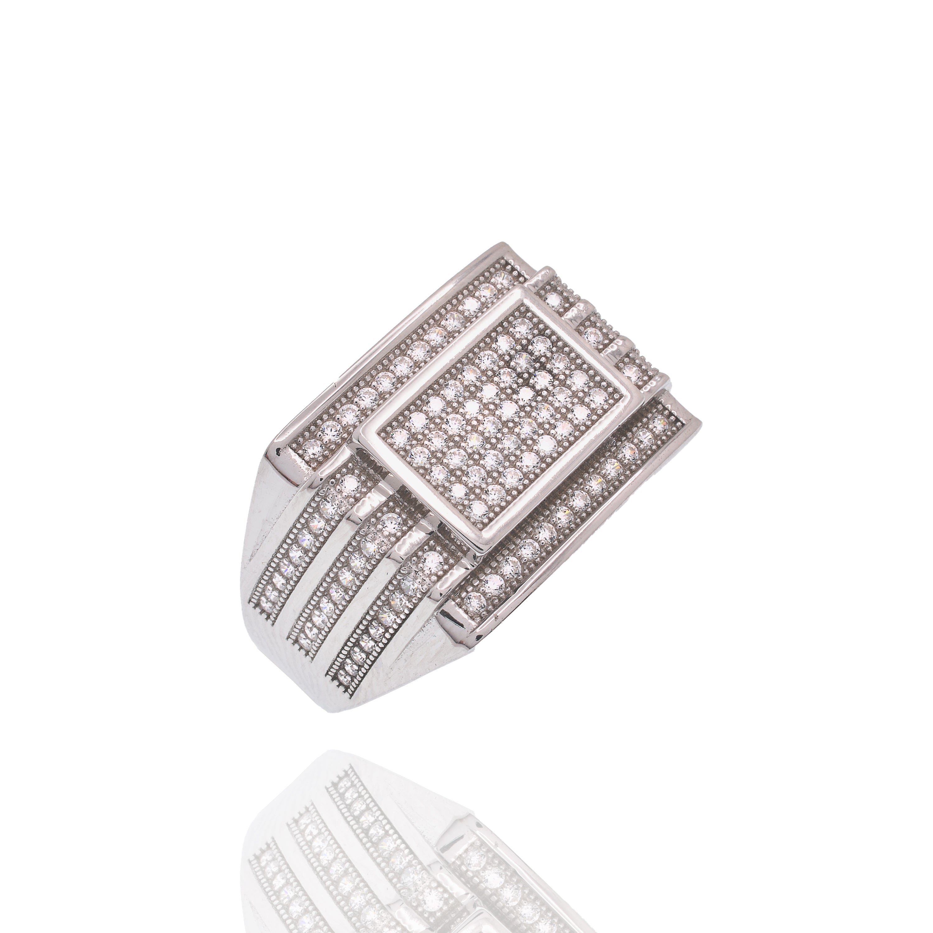 Rhodium Plated 925 Sterling Silver Men's CZ Rectangle Modern Iced Out ...