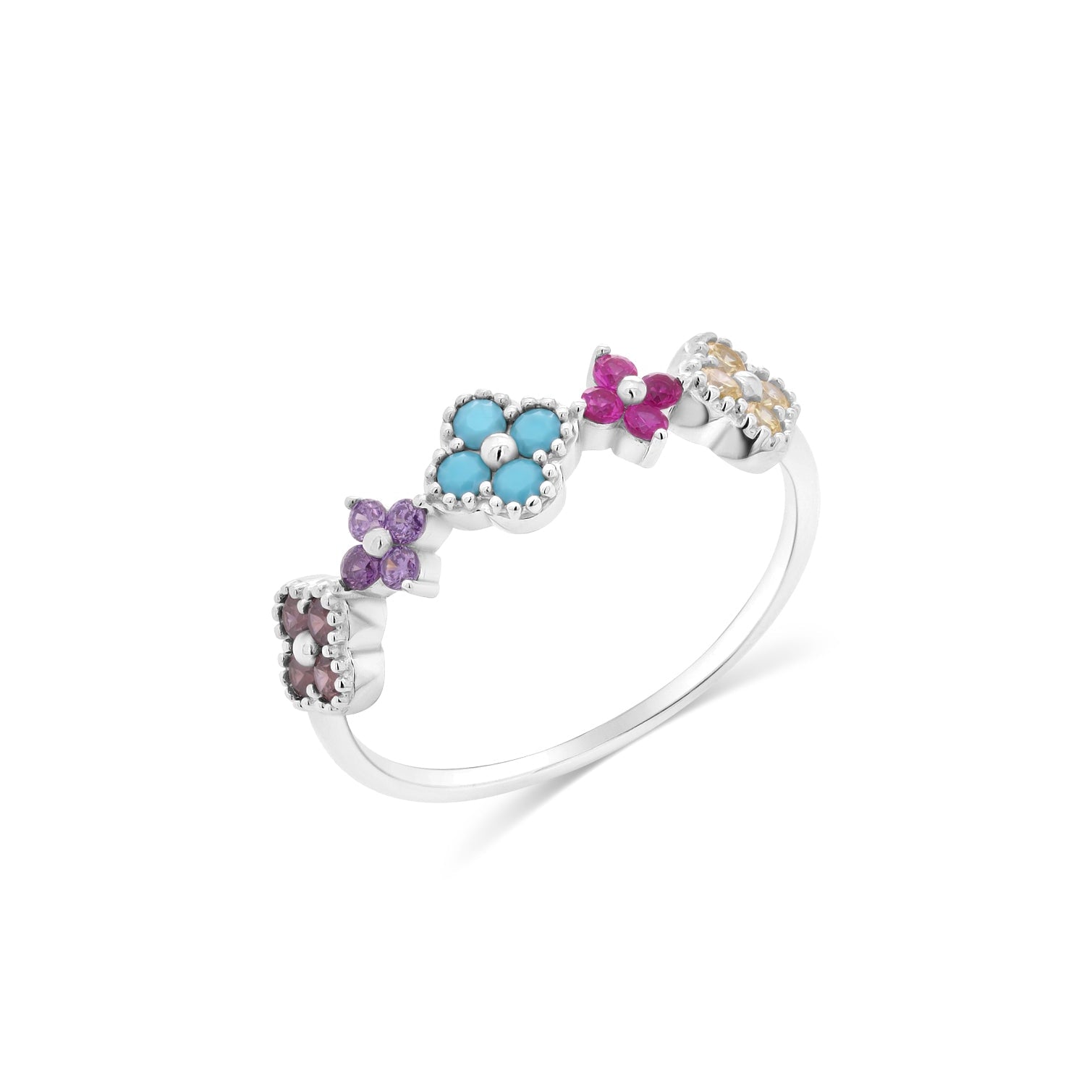 Rhodium Plated 925 Sterling Silver Multi Color CZ Flower Ring ...