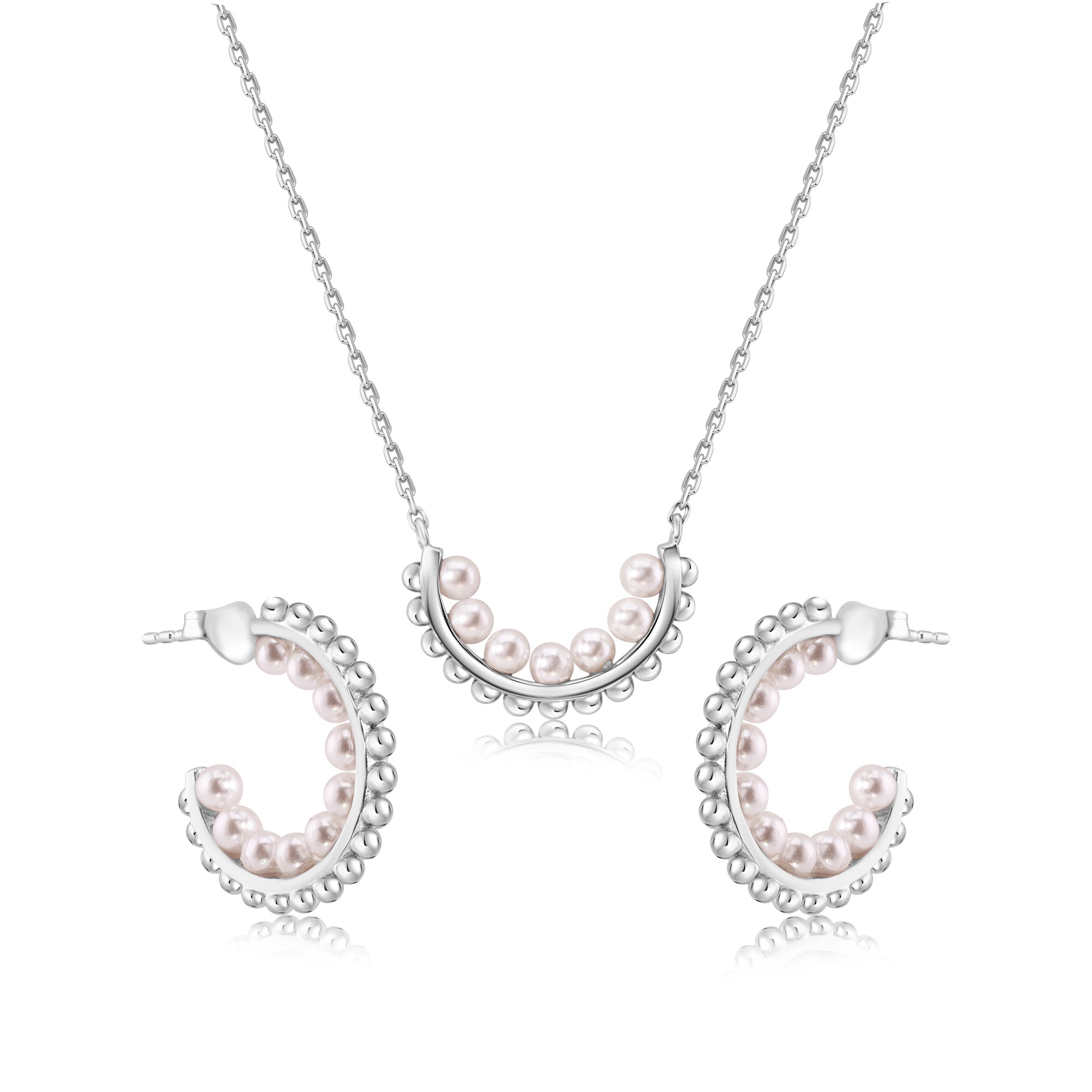 Silver 925 Rhodium Plated Multi Beaded Pearl Semi Hoop Matching Set ...