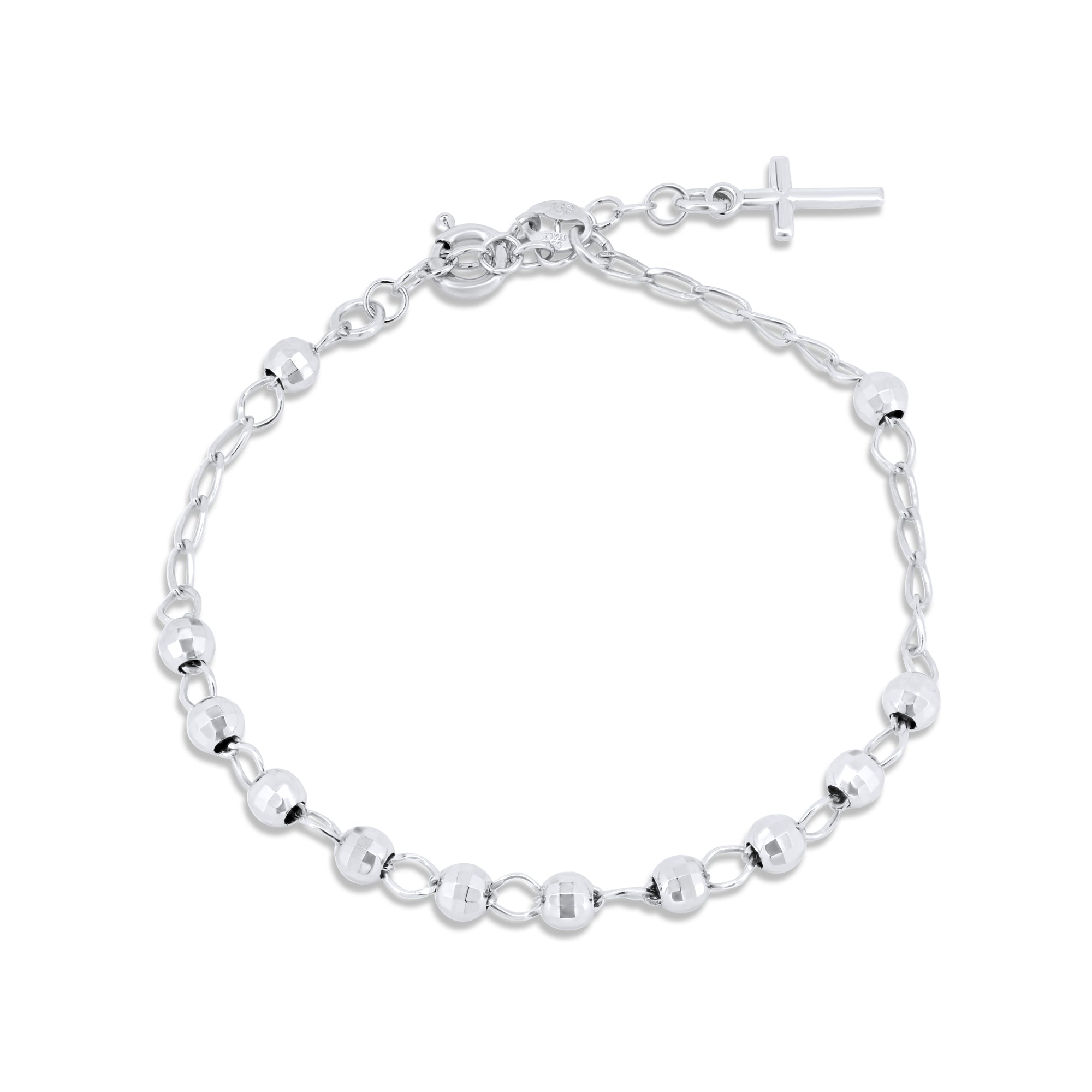 Silver 925 Rhodium Plated DC Bead Cross Rosary Bracelet - GCB00004-RH ...