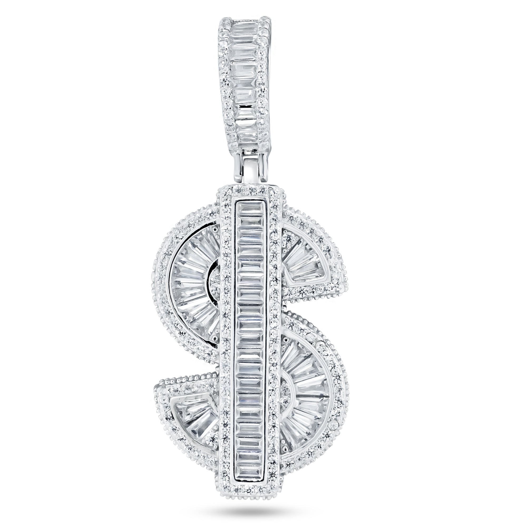 Rhodium Plated 925 Sterling Silver Baguette CZ Dollar Sign Pendant ...