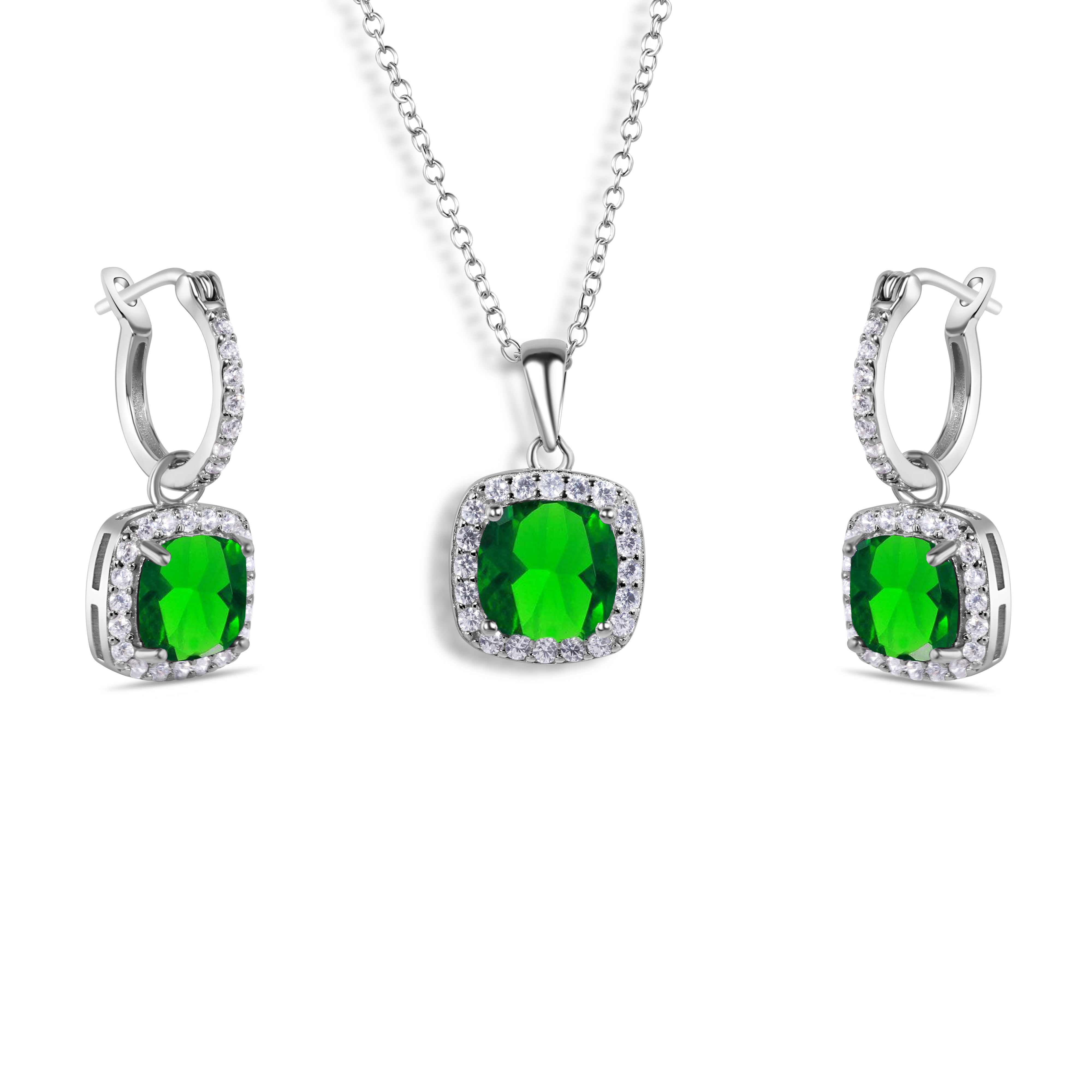 Rhodium Plated 925 Sterling Silver Green and Clear Square CZ Set ...