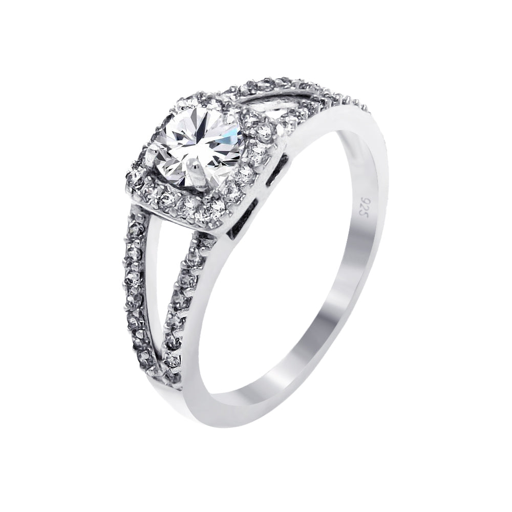 Silver 925 Rhodium Plated Clear Round Center Square Cluster CZ Bridal ...