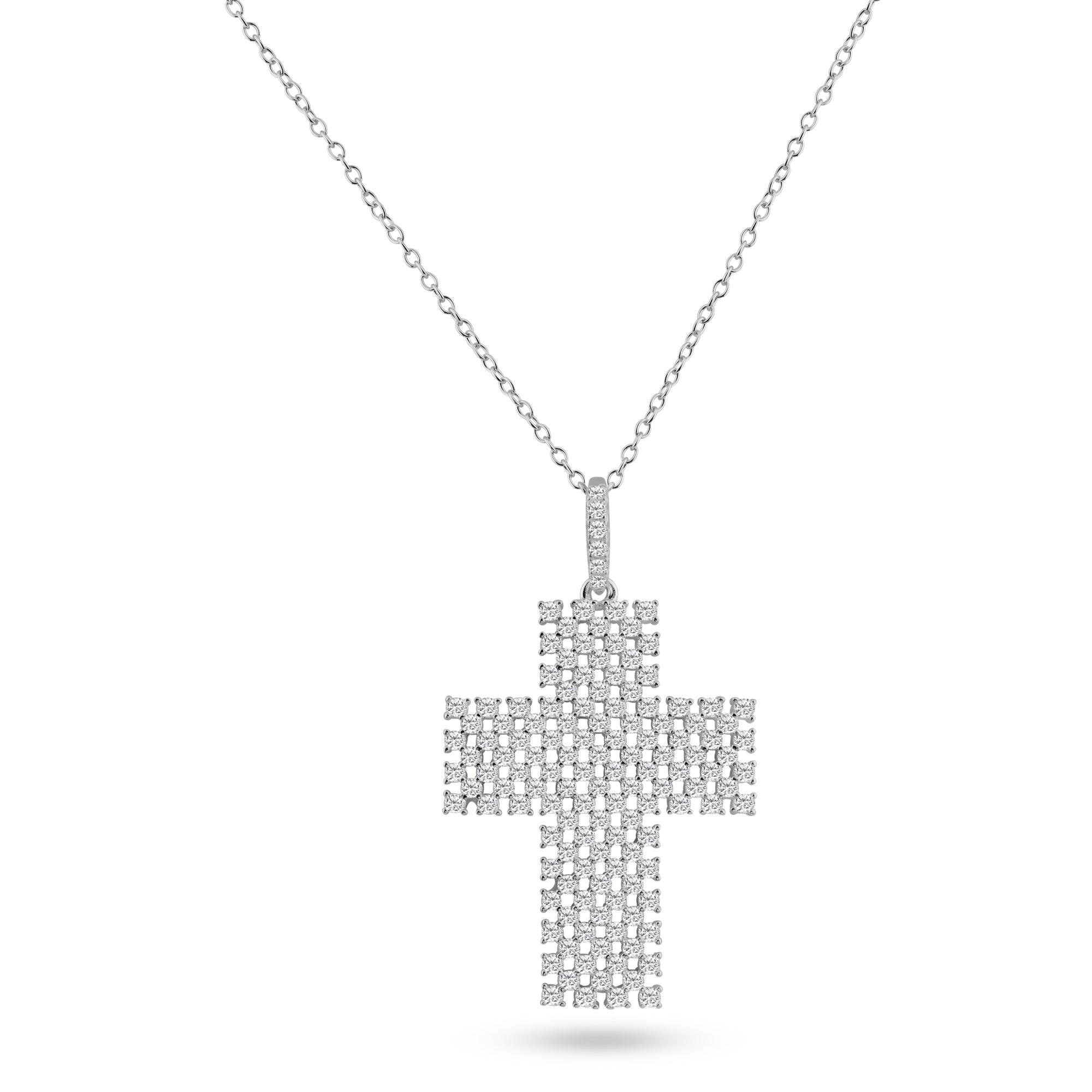 Silver 925 Rhodium Plated Thick Open Checkered Cross CZ Pendant ...