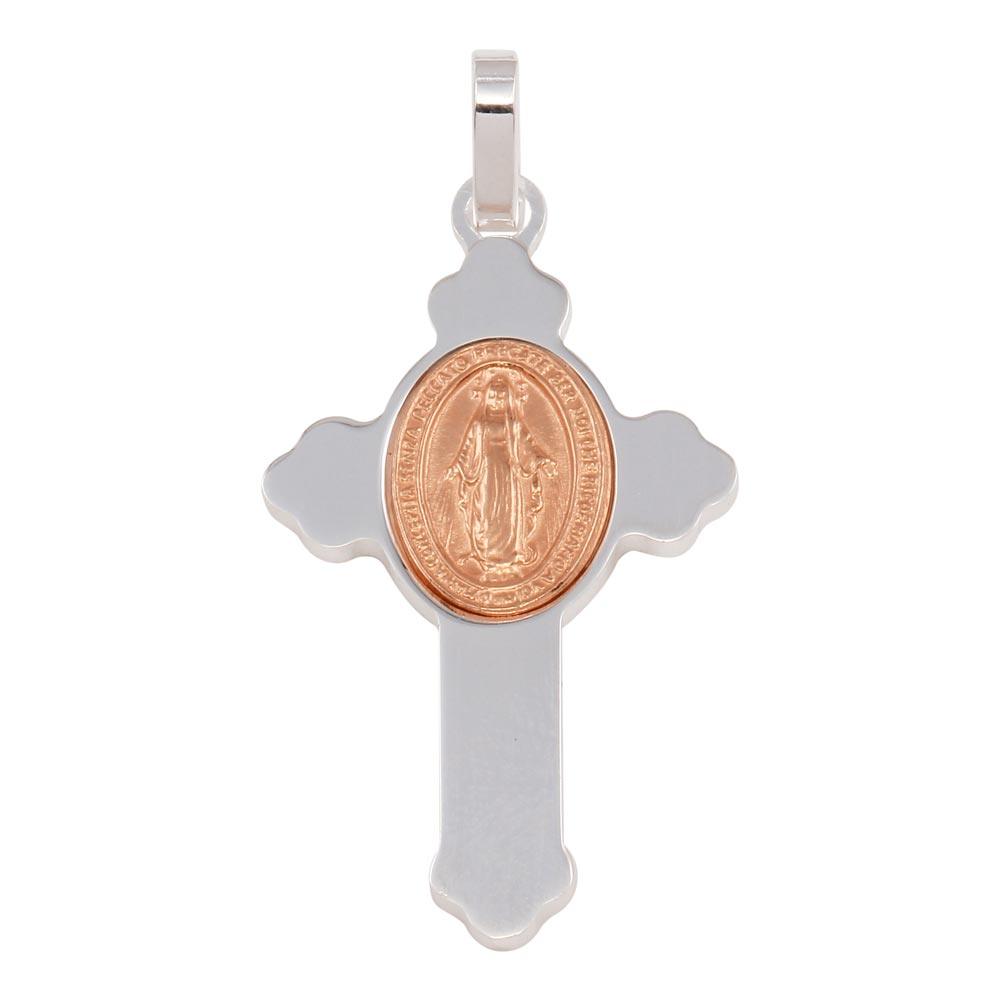 Silver 925 Rhodium Plated Cross Pendant with Rose Gold Plated Medallion ...