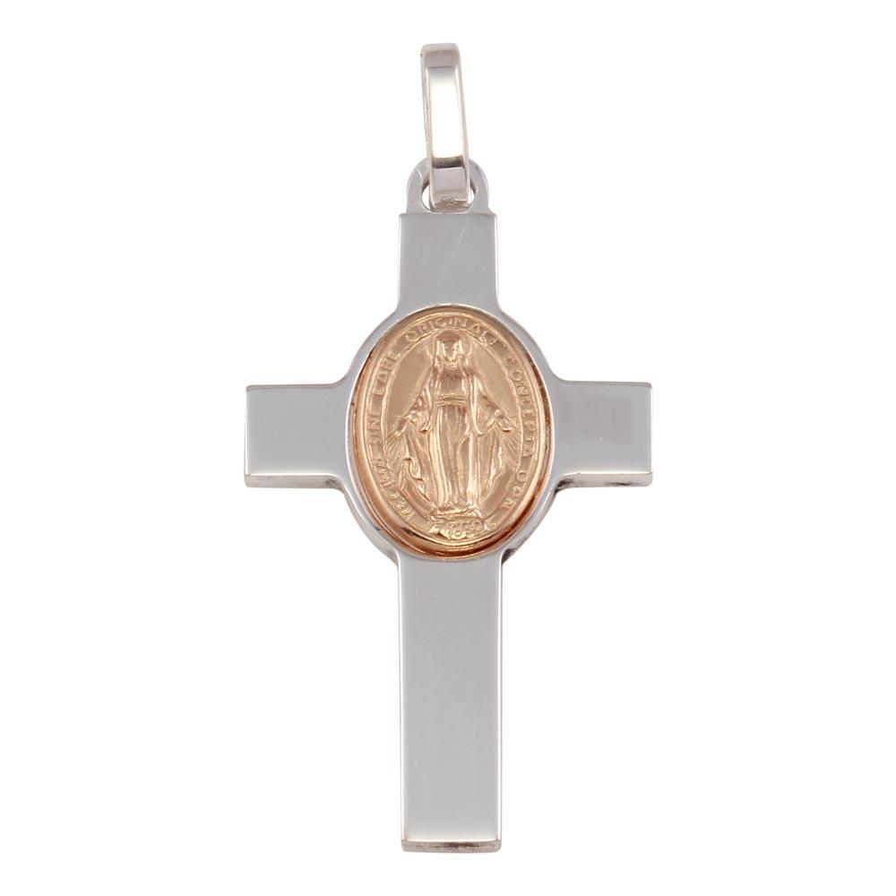 Silver 925 Rhodium Plated Cross Pendant with Rose Gold Plated Medallion ...