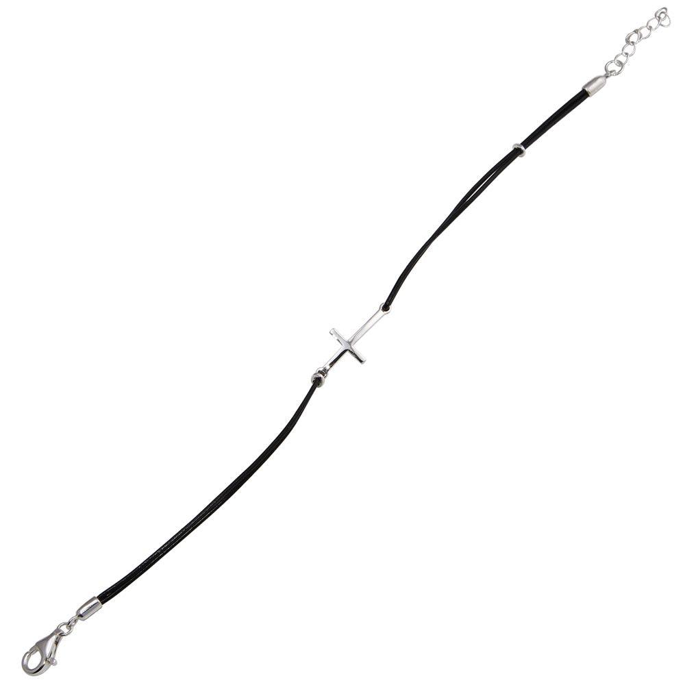 Rhodium Plated 925 Sterling Silver Sideways Cross Black Leather Cord ...