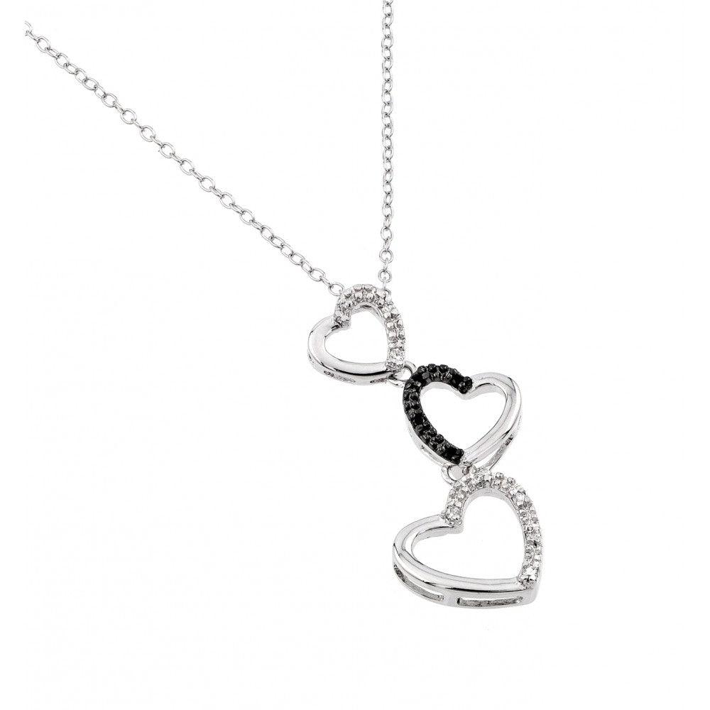 Silver 925 Rhodium Plated Three Graduated Open Heart Clear and Black CZ ...