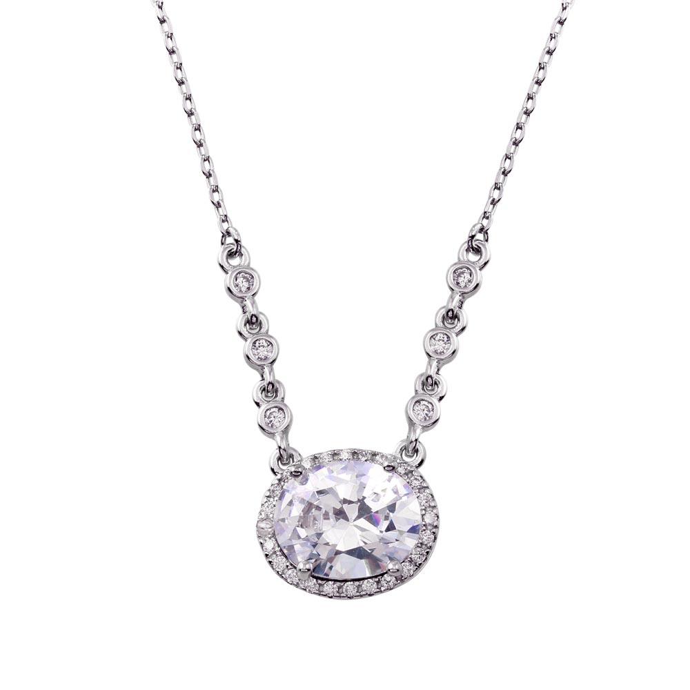 Silver 925 Rhodium Plated Floating Halo Oval CZ Necklace - BGP01348 ...