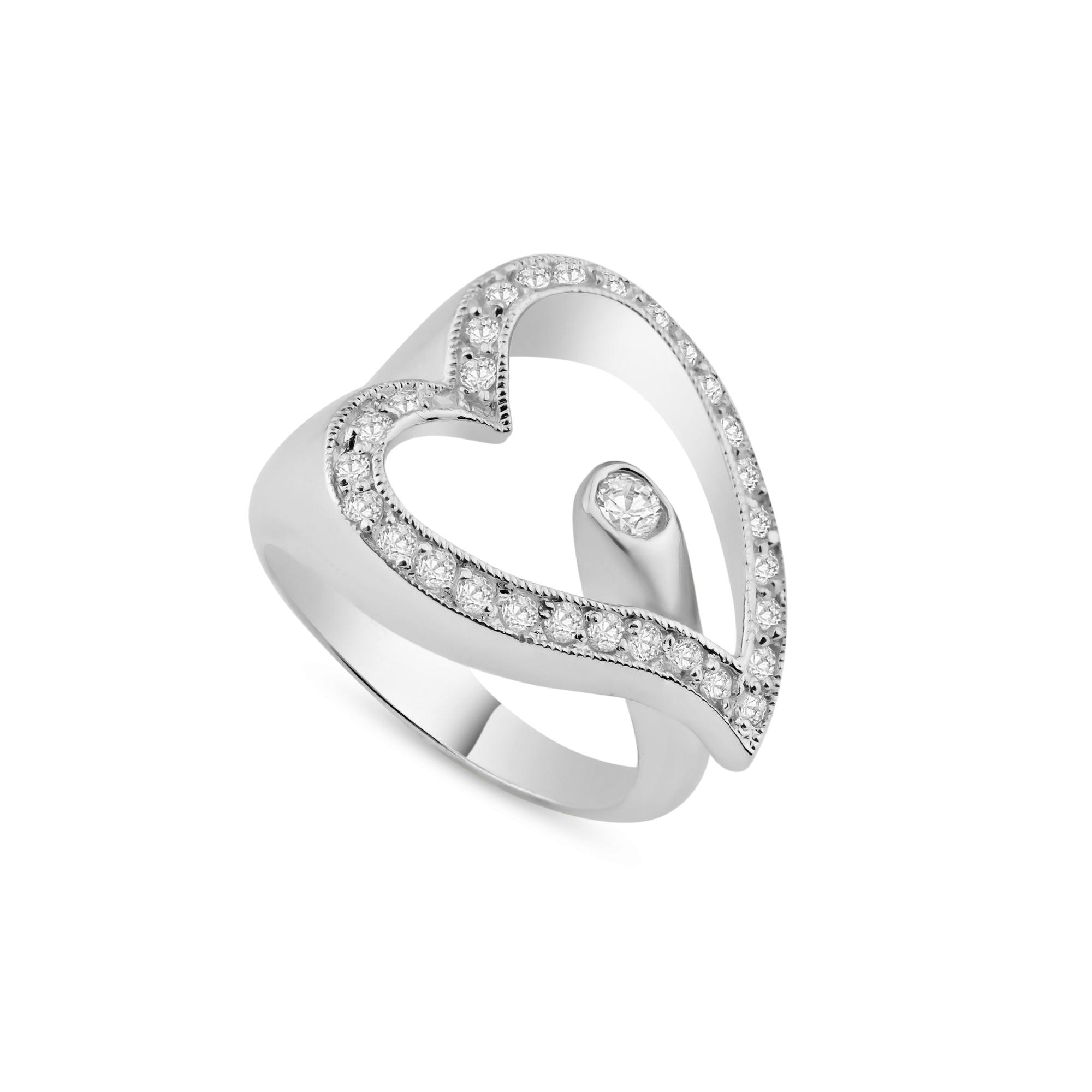 Silver 925 Rhodium Plated Round Center CZ Sideways Open Heart Ring ...