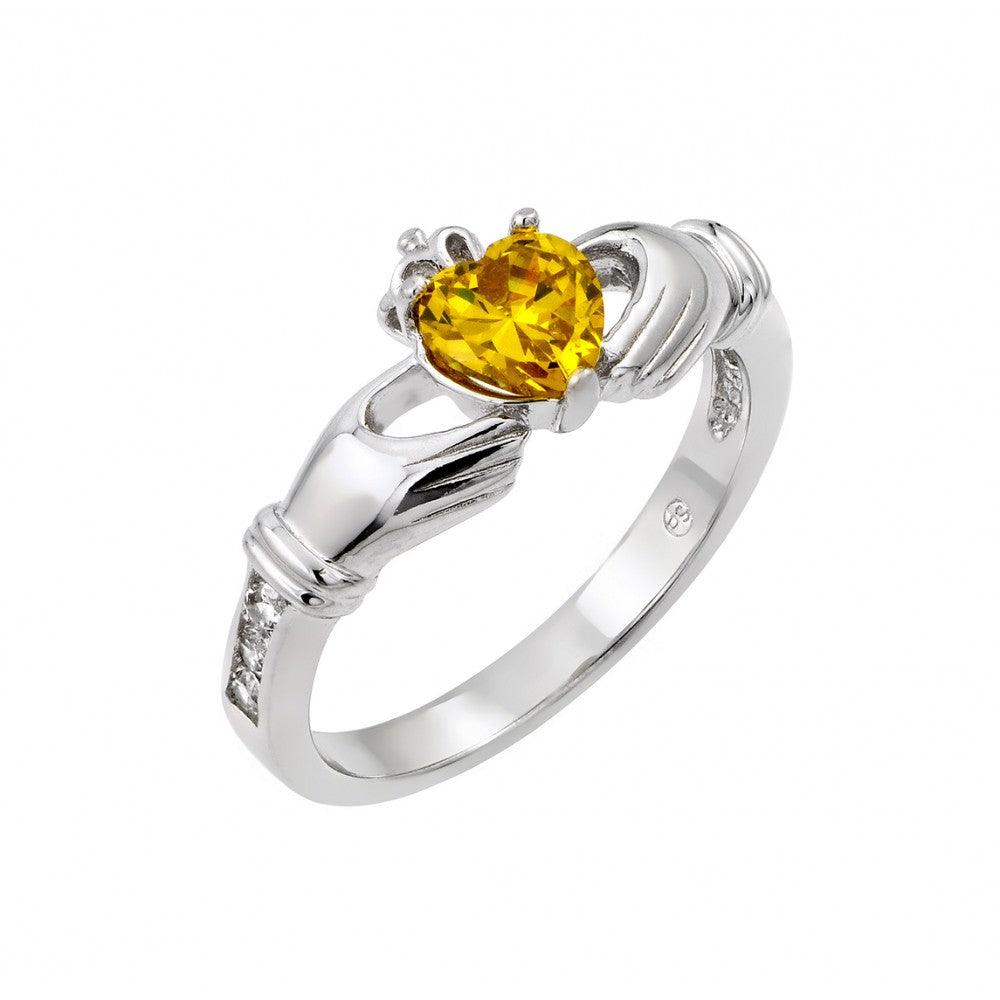 Silver 925 Rhodium Plated Yellow Heart CZ Claddagh Ring - BGR00491YEL ...