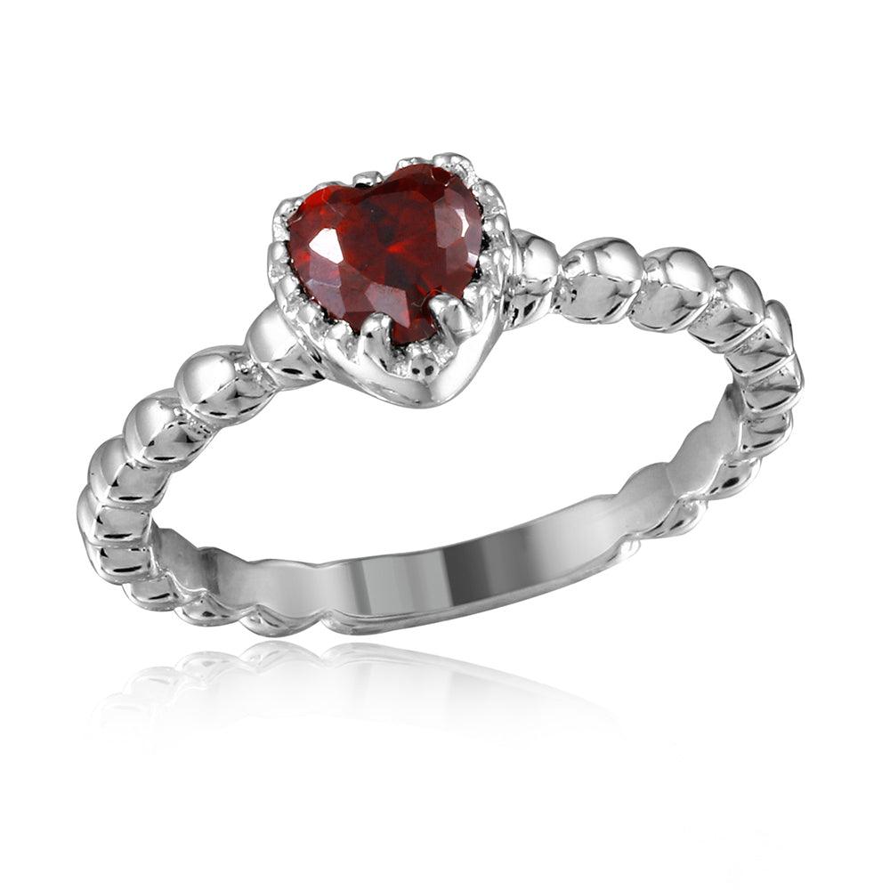 Silver 925 Rhodium Plated Beaded Band Red Heart Center Stone Ring ...