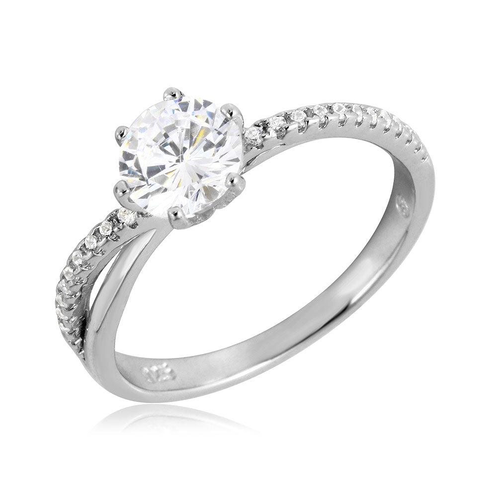 Silver 925 Rhodium Plated Twisted CZ Shank Round Center Stone Ring ...
