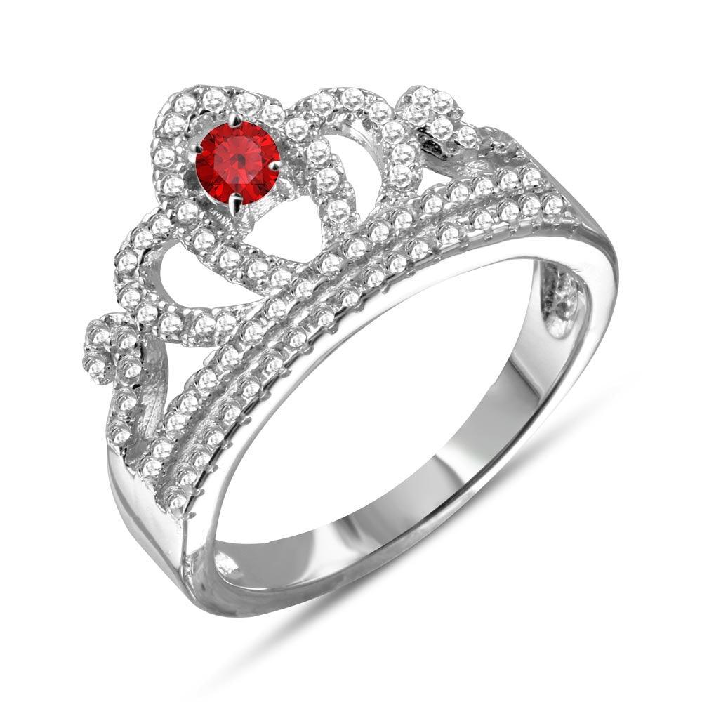 Rhodium Plated 925 Sterling Silver Tiara with Red and Clear CZ Ring ...