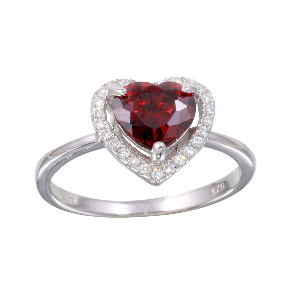 Silver 925 Rhodium Plated Red Halo Heart Ring - BGR01139RED | Silver ...