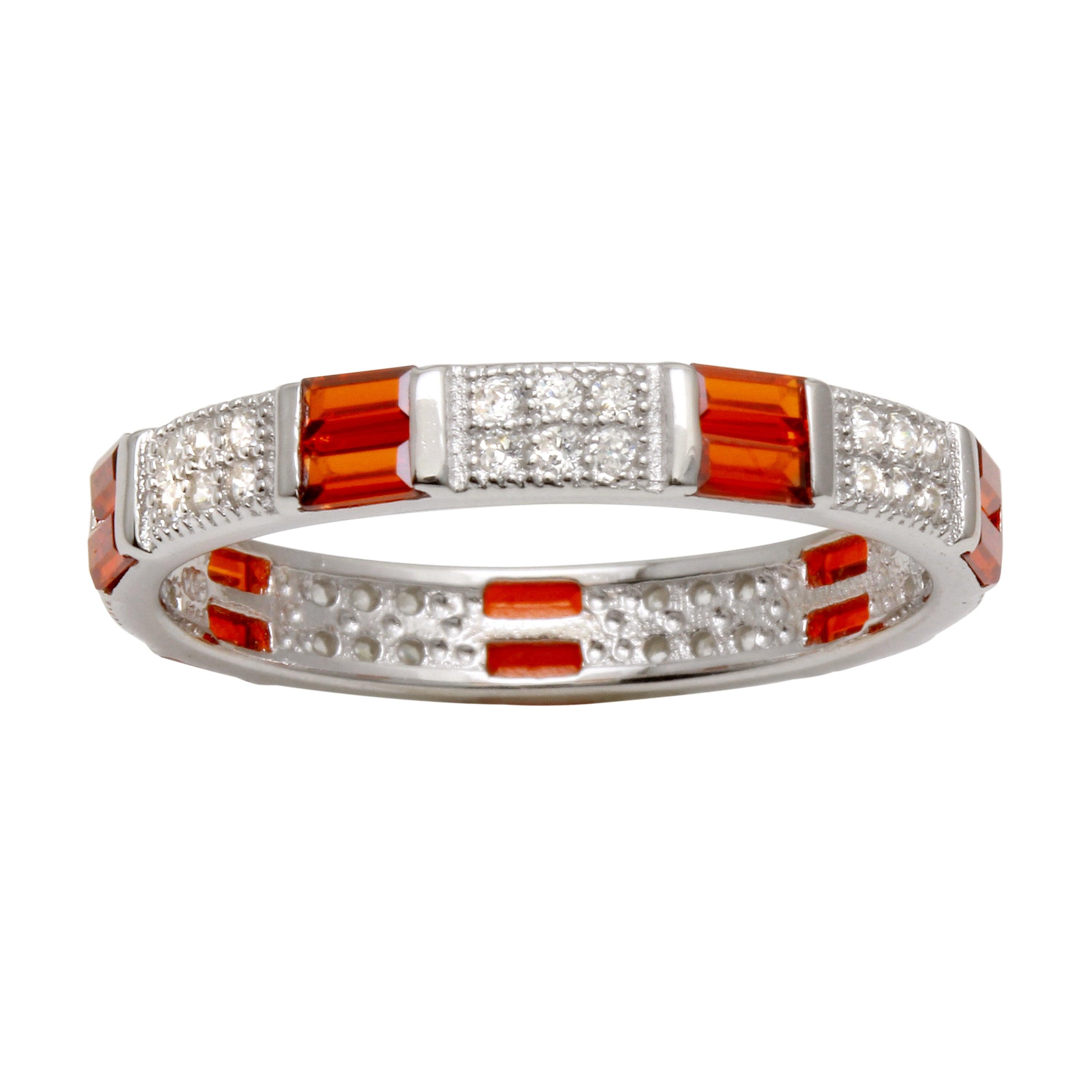 Silver 925 Rhodium Plated Pattern Eternity Ring with Red and Clear CZ ...