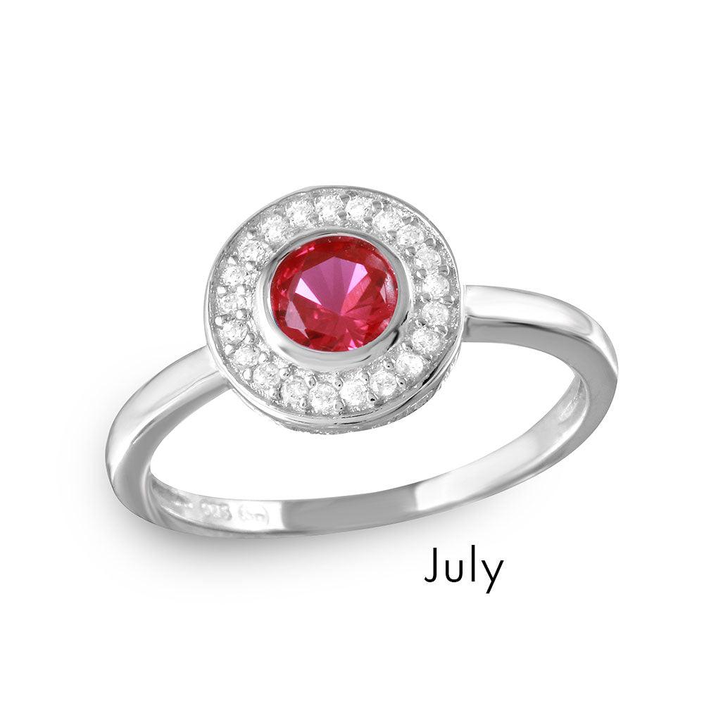 July Sterling Silver 925 Rhodium Plated CZ Center Birthstone Halo Ring ...