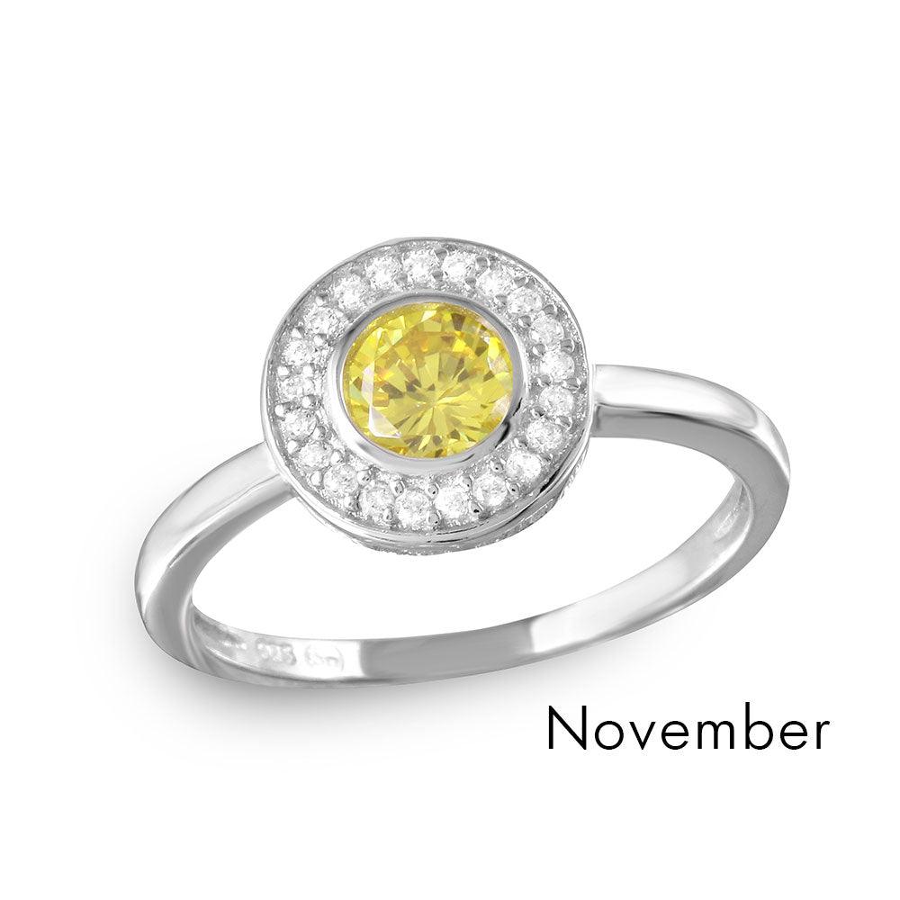 November Sterling Silver 925 Rhodium Plated CZ Center Birthstone Halo ...