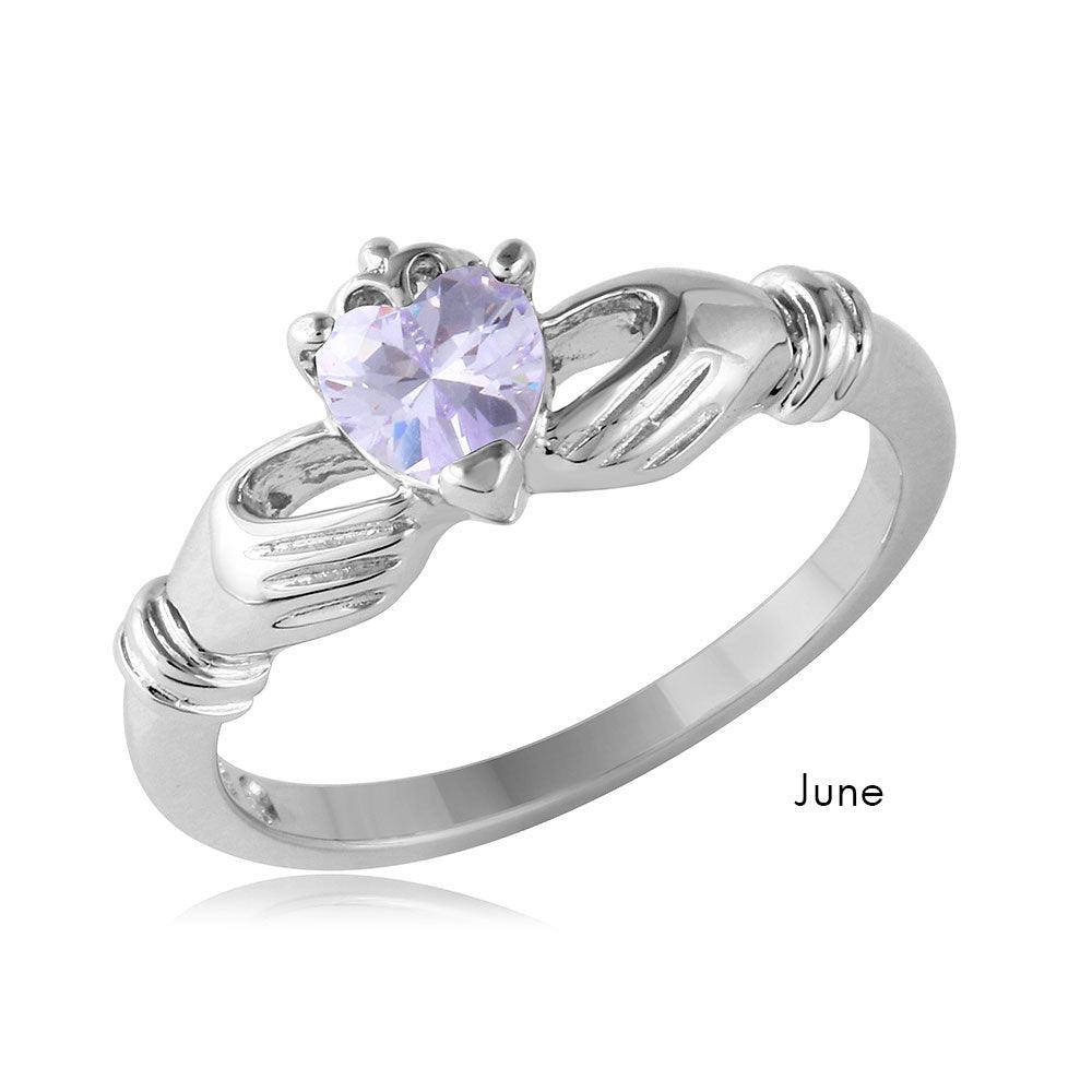 June Sterling Silver 925 Rhodium Plated CZ Center Birthstone Claddagh ...