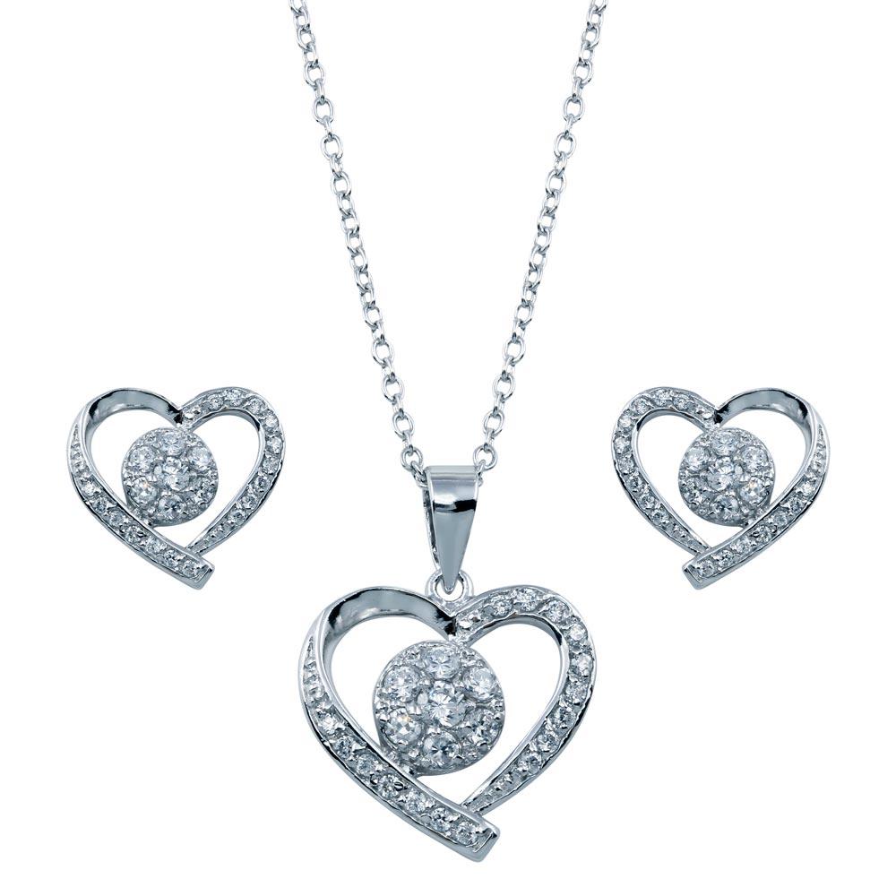 Silver 925 Rhodium Plated Open Heart Clear Outline CZ Matching Set ...