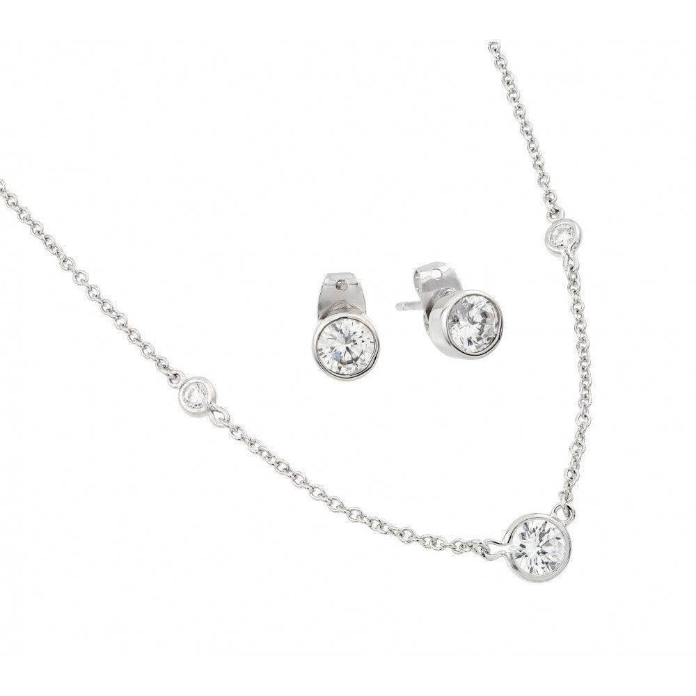 Silver 925 Rhodium Plated Clear Individual CZ Stud Earring and Chain ...