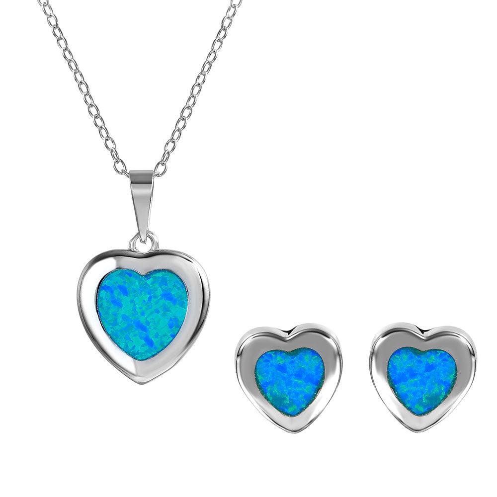 Silver 925 Rhodium Plated Heart Set with Blue Synthetic Opal - BGS00467 ...