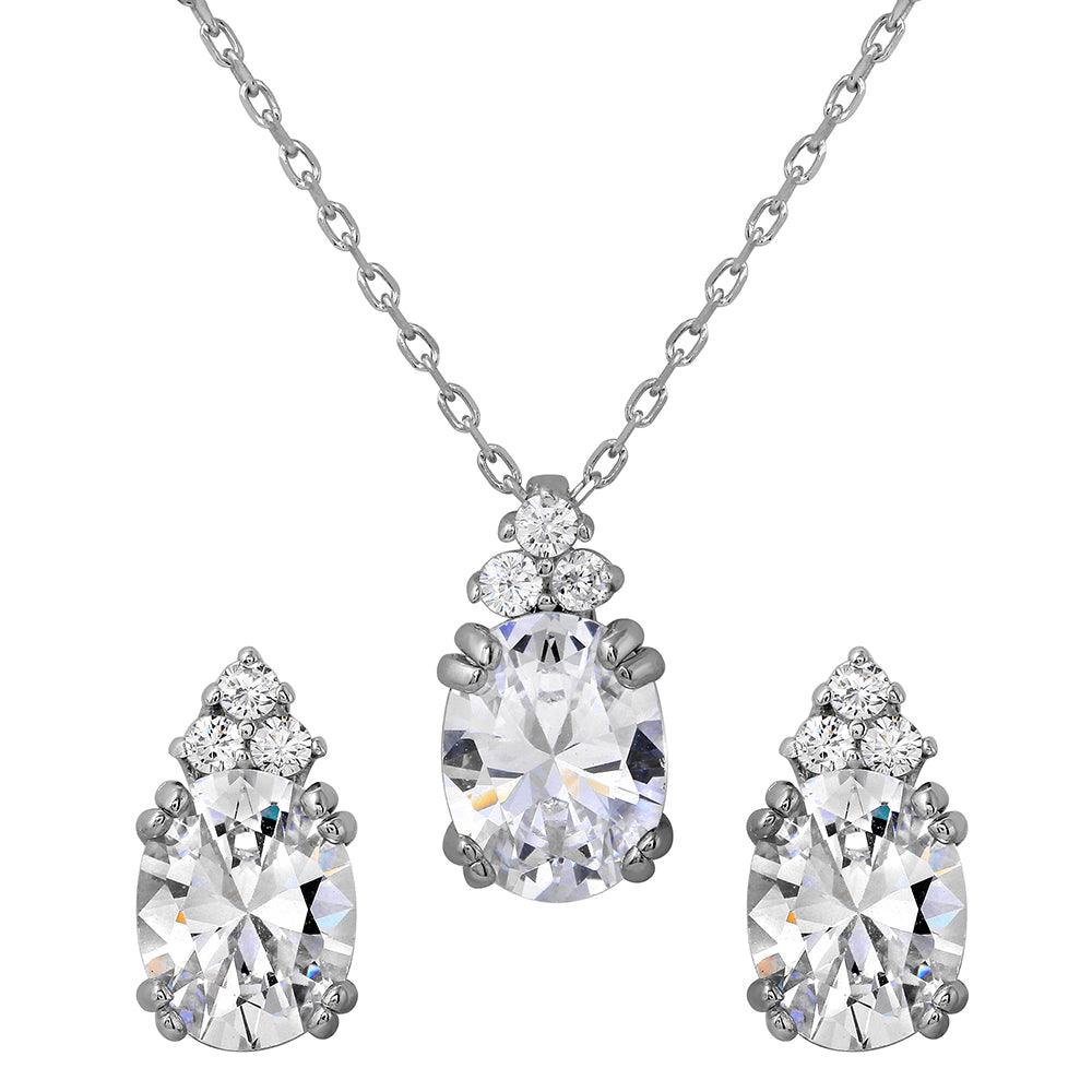 Silver 925 Rhodium Plated Oval CZ Earrings and Necklace Set - BGS00475 ...