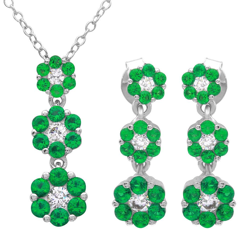 Silver 925 Rhodium Plated 3 Drop Green CZ Flower Set - BGS00489GRN ...