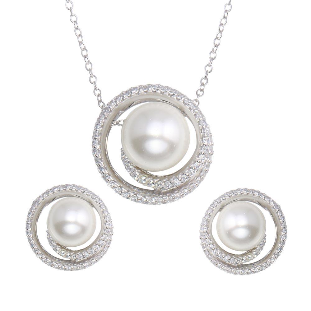 Silver 925 Rhodium Plated Spiral CZ With Synthetic Center Pearl Set ...