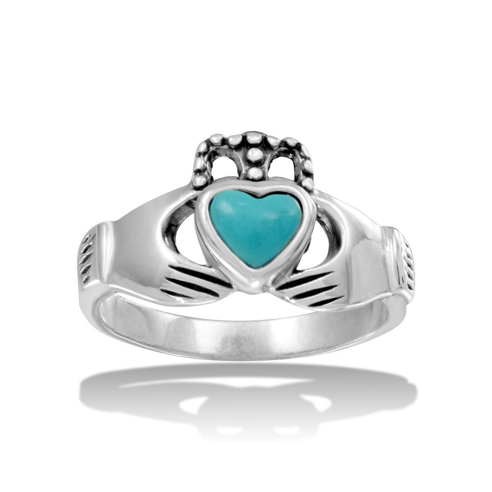 Silver 925 High Polished Claddagh Ring with Turquoise Heart ...