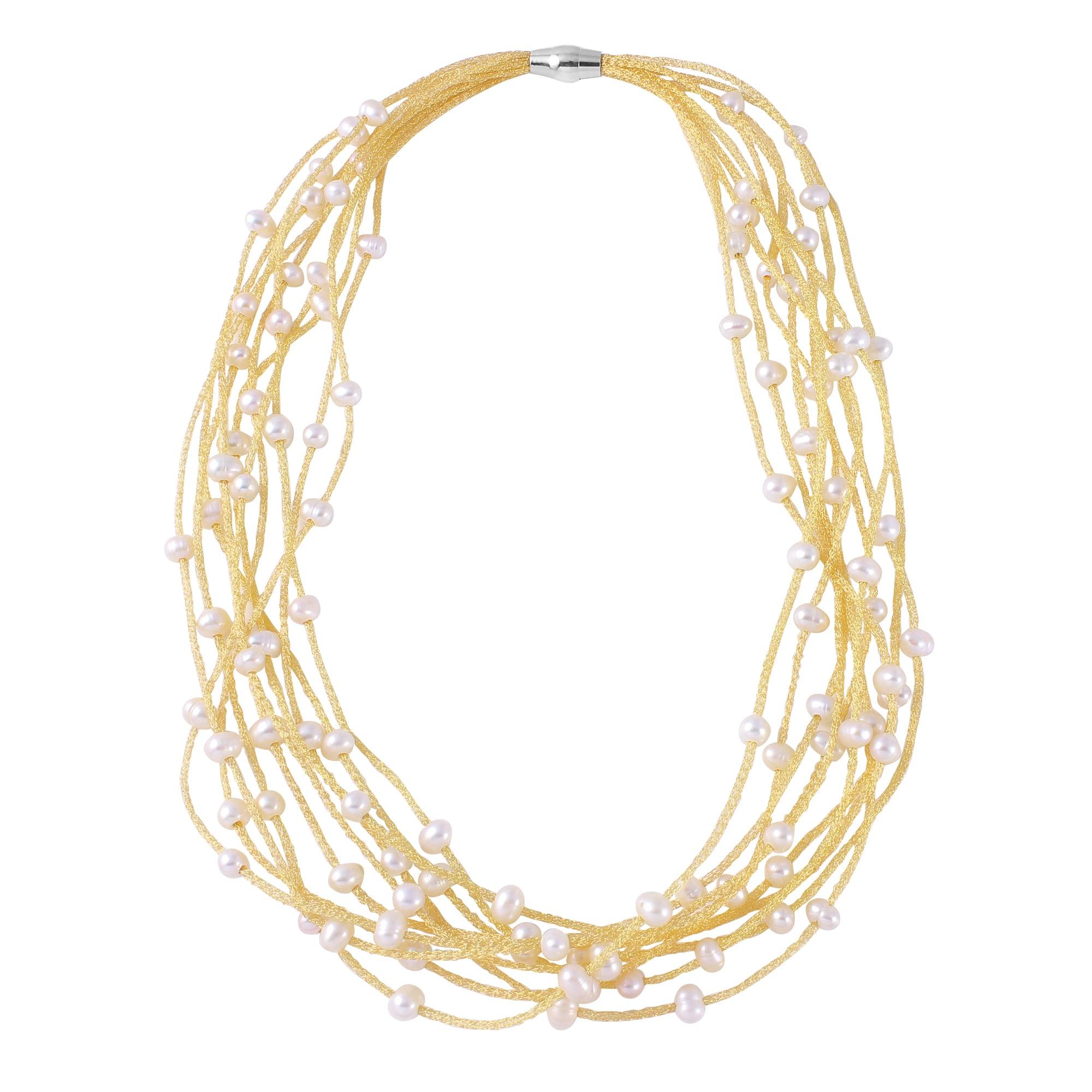 Silver 925 Gold Plated Multi Strand With Fresh Pearl Accent Necklace ...