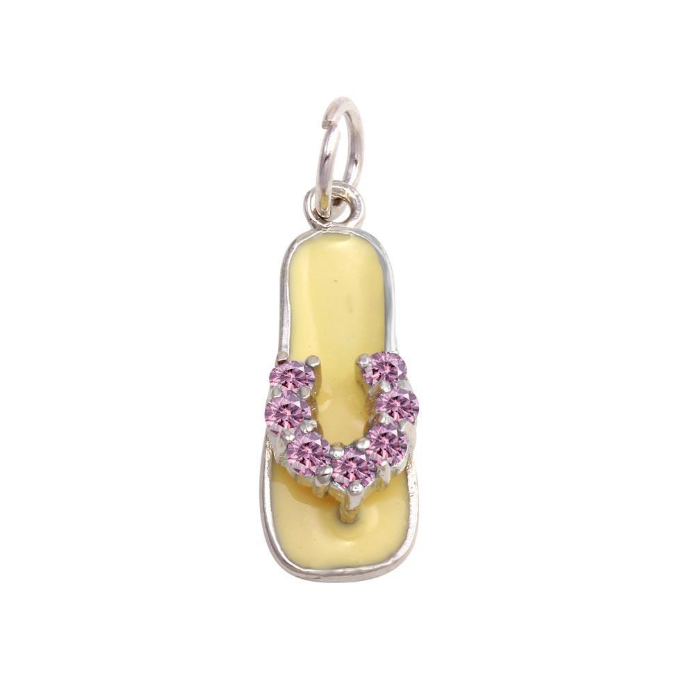 Silver 925 Rhodium Plated White Enamel Pink CZ Sandal Pendant ...