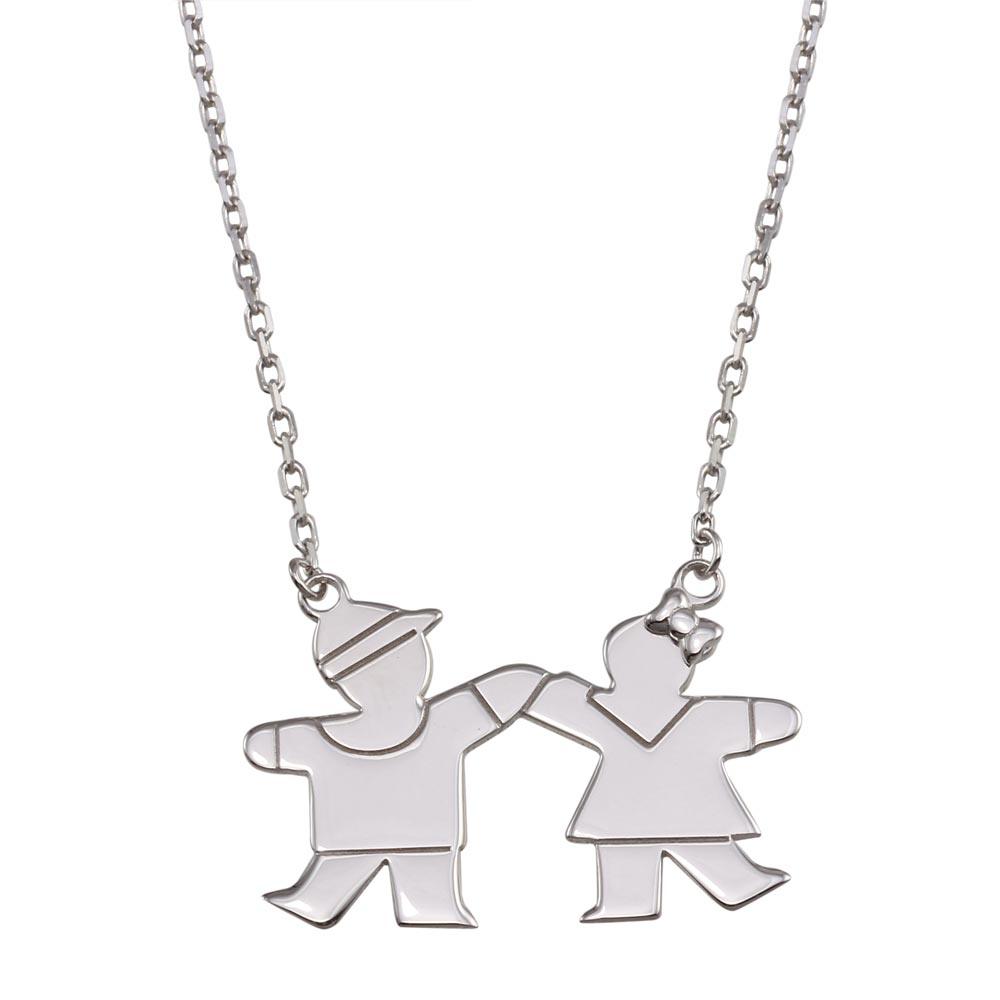 Rhodium Plated 925 Sterling Silver Boy and Girl Necklace with CZ ...