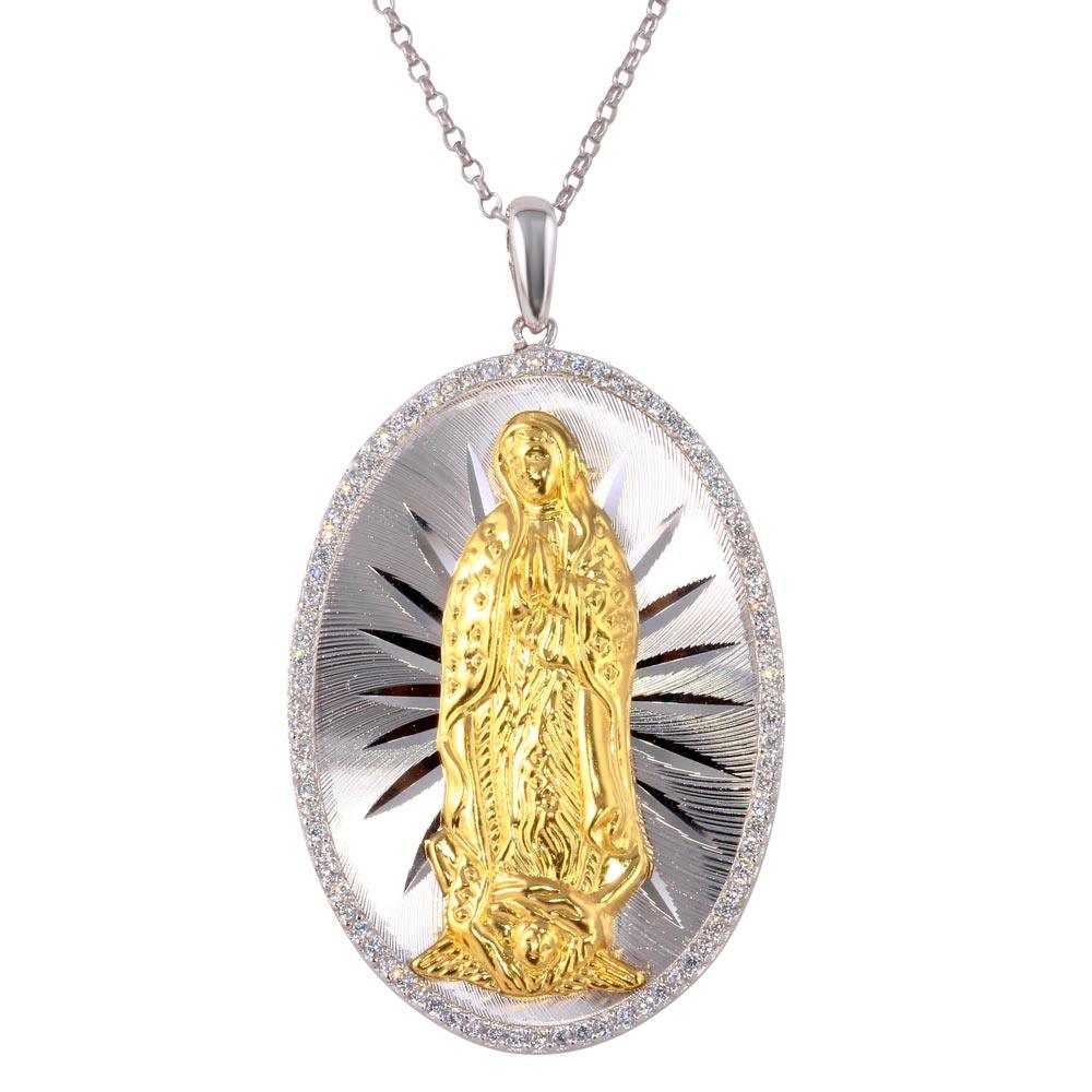 Silver 925 Large Two-Toned Virgin Mary Medallion Necklace with CZ ...