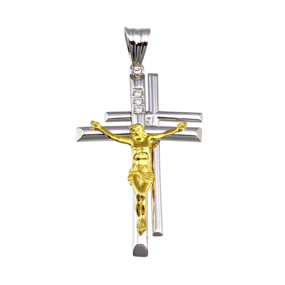 Silver 925 2 Toned Plated Double Cross Pendant - GMP00035RG | Silver ...