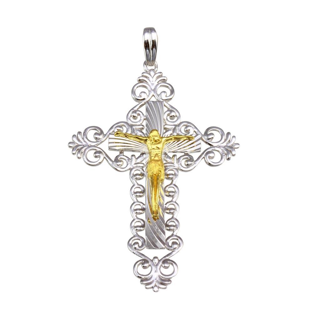 Silver 925 2 Toned Plated Double Cross Pendant - GMP00038RG | Silver ...