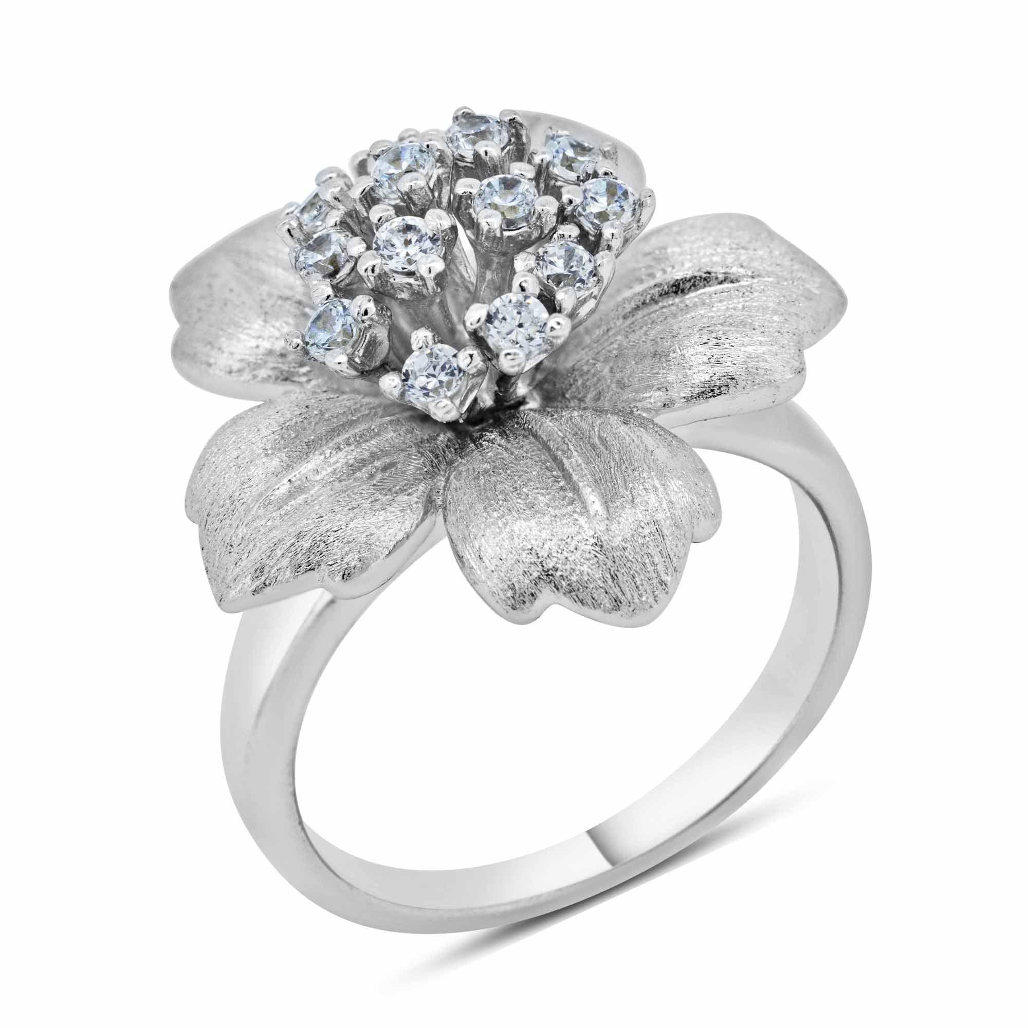 Silver 925 Rhodium Plated Matte Finish Clear CZ Flower Ring - BGR00162 ...