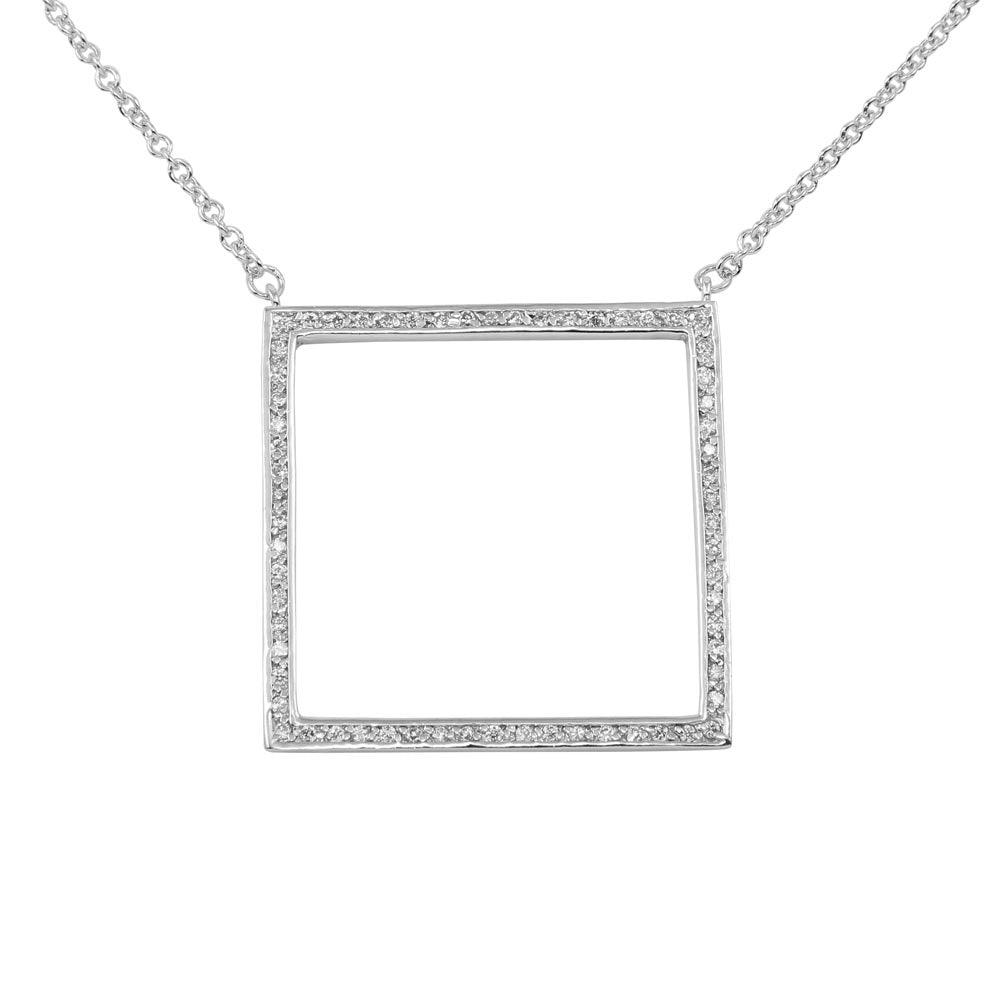 Silver 925 Rhodium Plated Large Open Square Pendant Necklace with CZ ...
