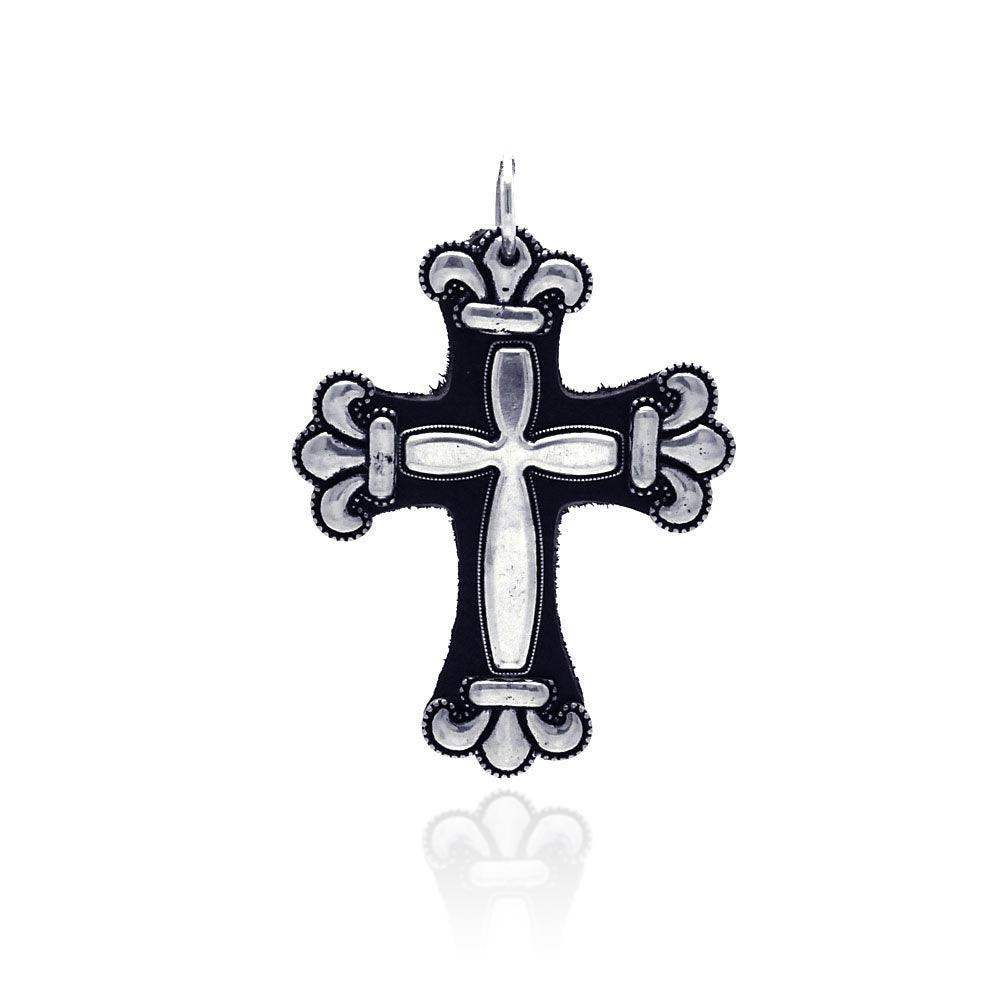 Silver 925 Fleur-De-Lis Leather Framed Cross - OXP00013 | Silver Palace ...