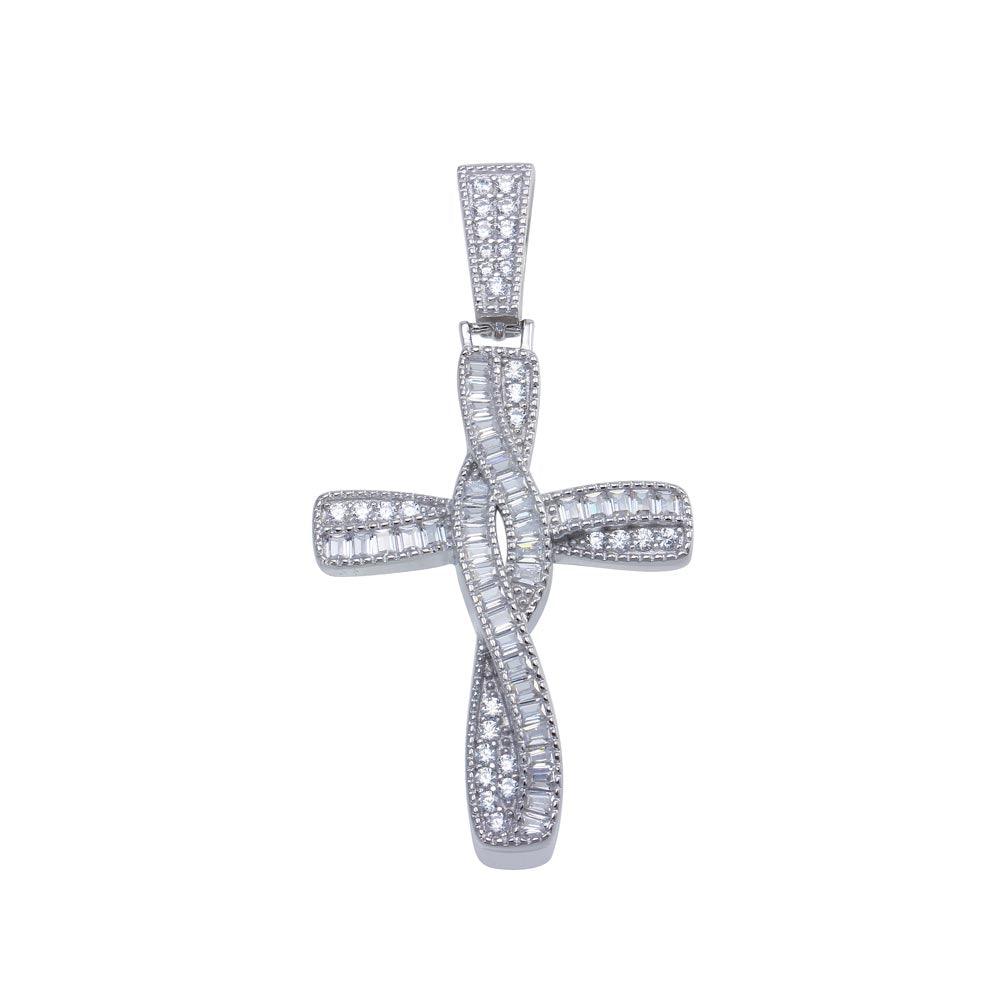 Rhodium Plated 925 Sterling Silver Twisted Cross Baguette CZ Hip Hop ...