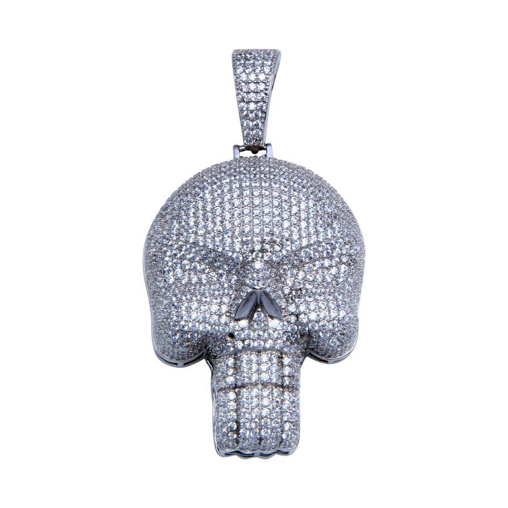 Rhodium Plated 925 Sterling Silver CZ Encrusted Skull Hip Hop Pendant ...