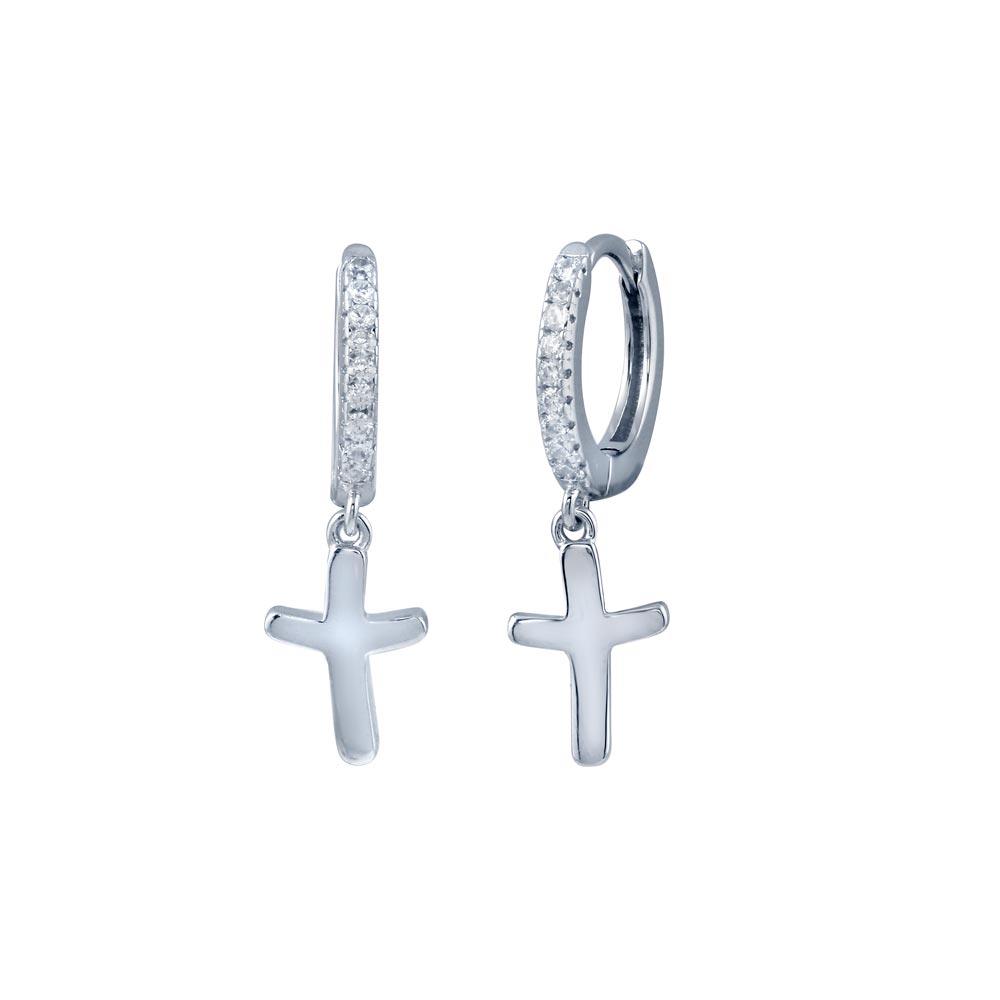 Rhodium Plated 925 Sterling Silver huggie hoop Cross CZ Earrings ...