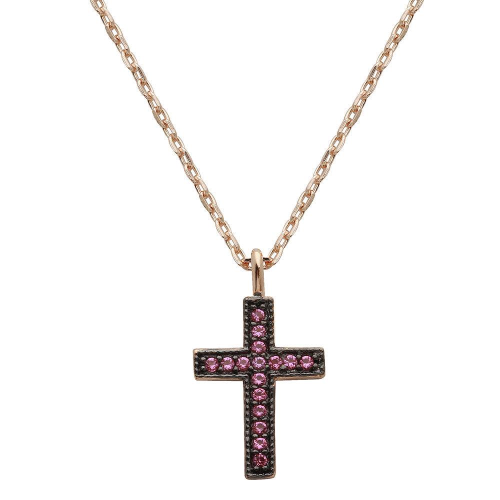 Silver 925 Rose Gold Plated Pink CZ Cross Necklace - STP01539RGP ...